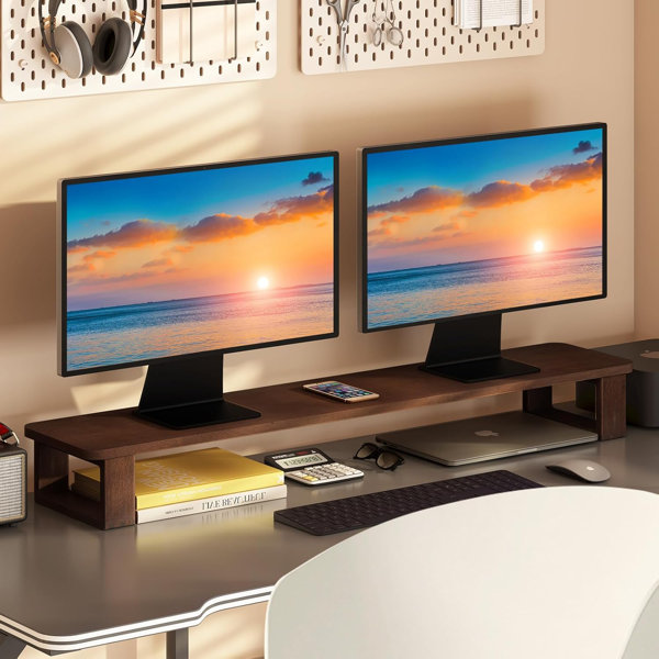 Latitude Run® Lief Dual Monitor Stand Riser 2 Heights Adjustable Wood ...