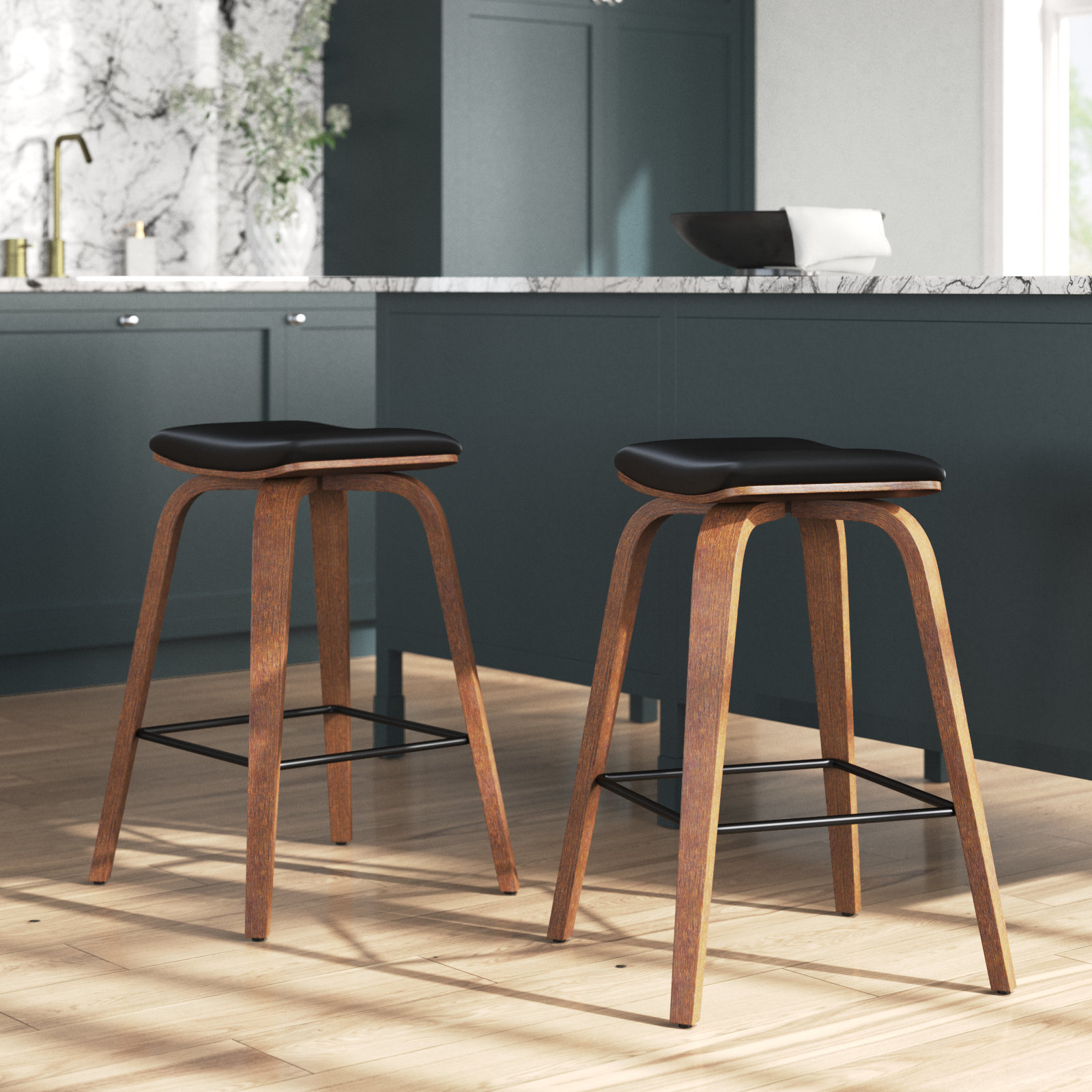 Simpli Home Larsen Saddle Bar Stool, Black Faux Leather Backless Bar ...