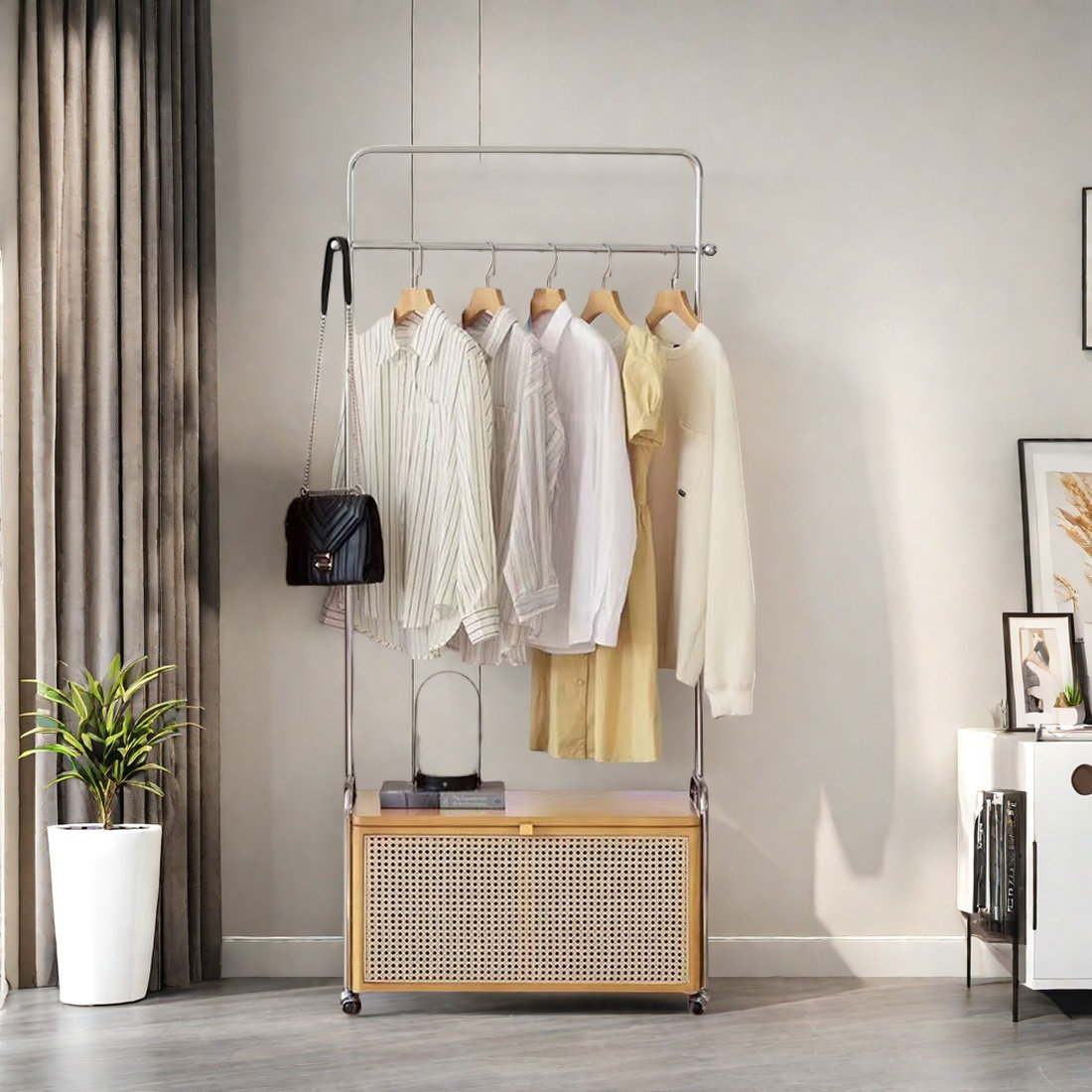 Bayou Breeze Coat Rack with Wheels & Rattan Design | Wayfair