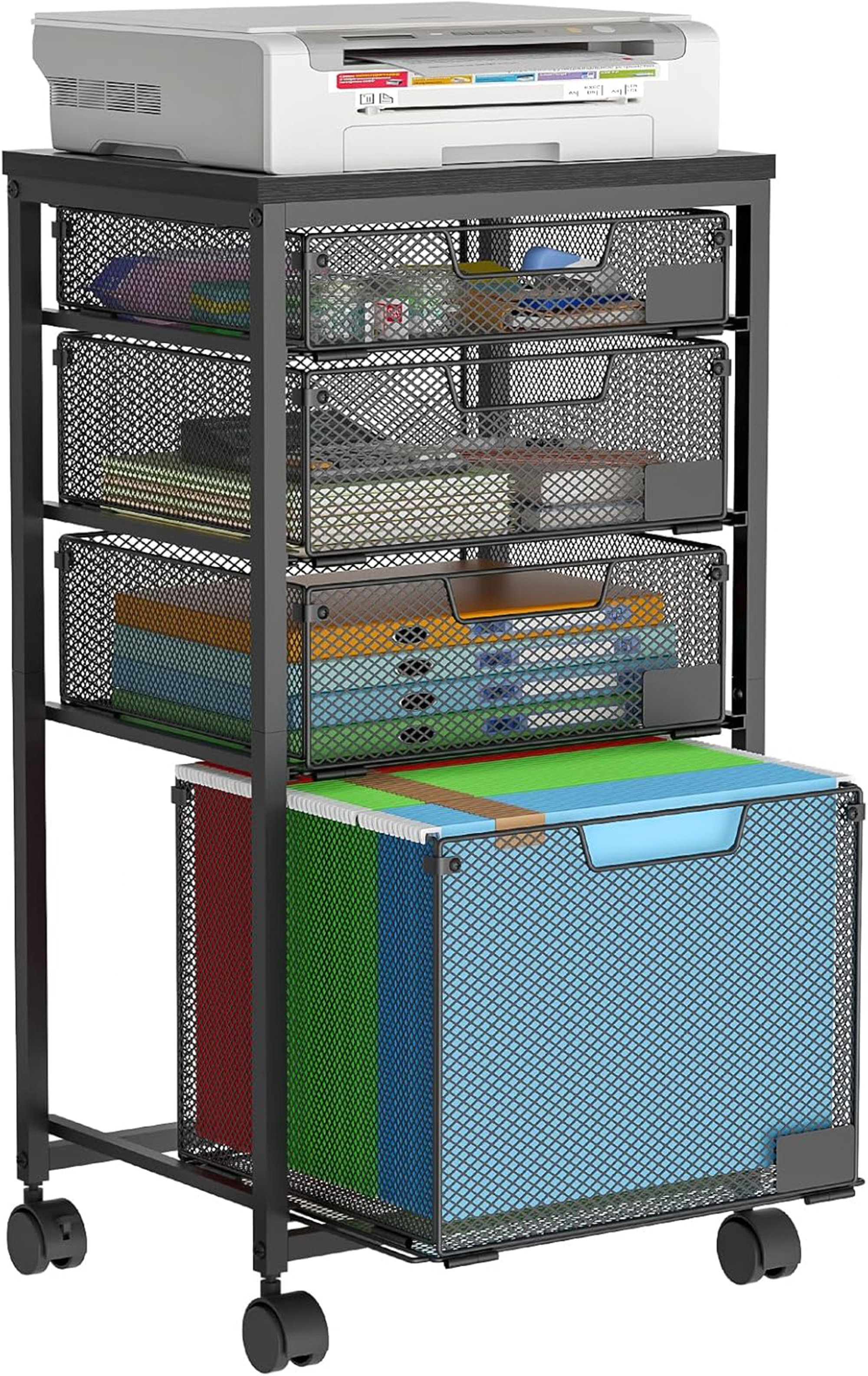 Ebern Designs Black Rolling File Cart - 4 Storage Drawers, Hanging File ...