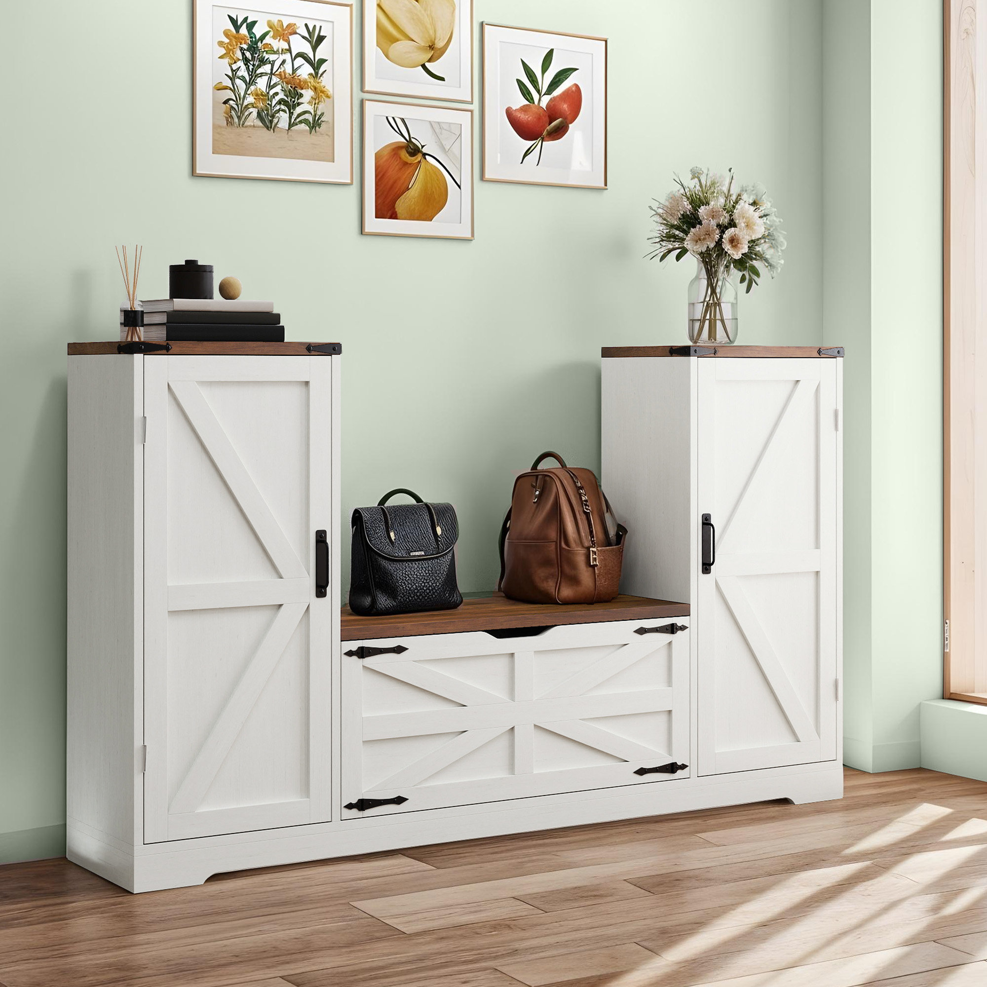 Gracie Oaks 63" W U-Shaped Shoe Storage Cabinet With Bench & Hidden ...