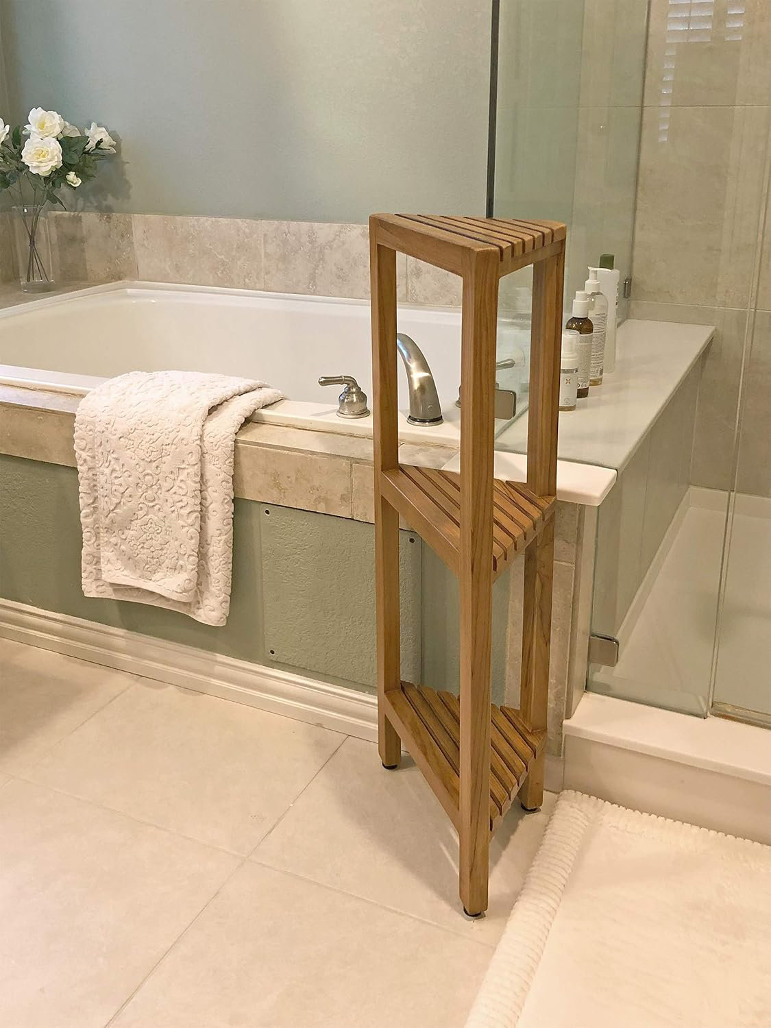 Hokku Designs 3-Tier Corner Shelf Unit, Solid Teak Wood Bathroom Stand ...