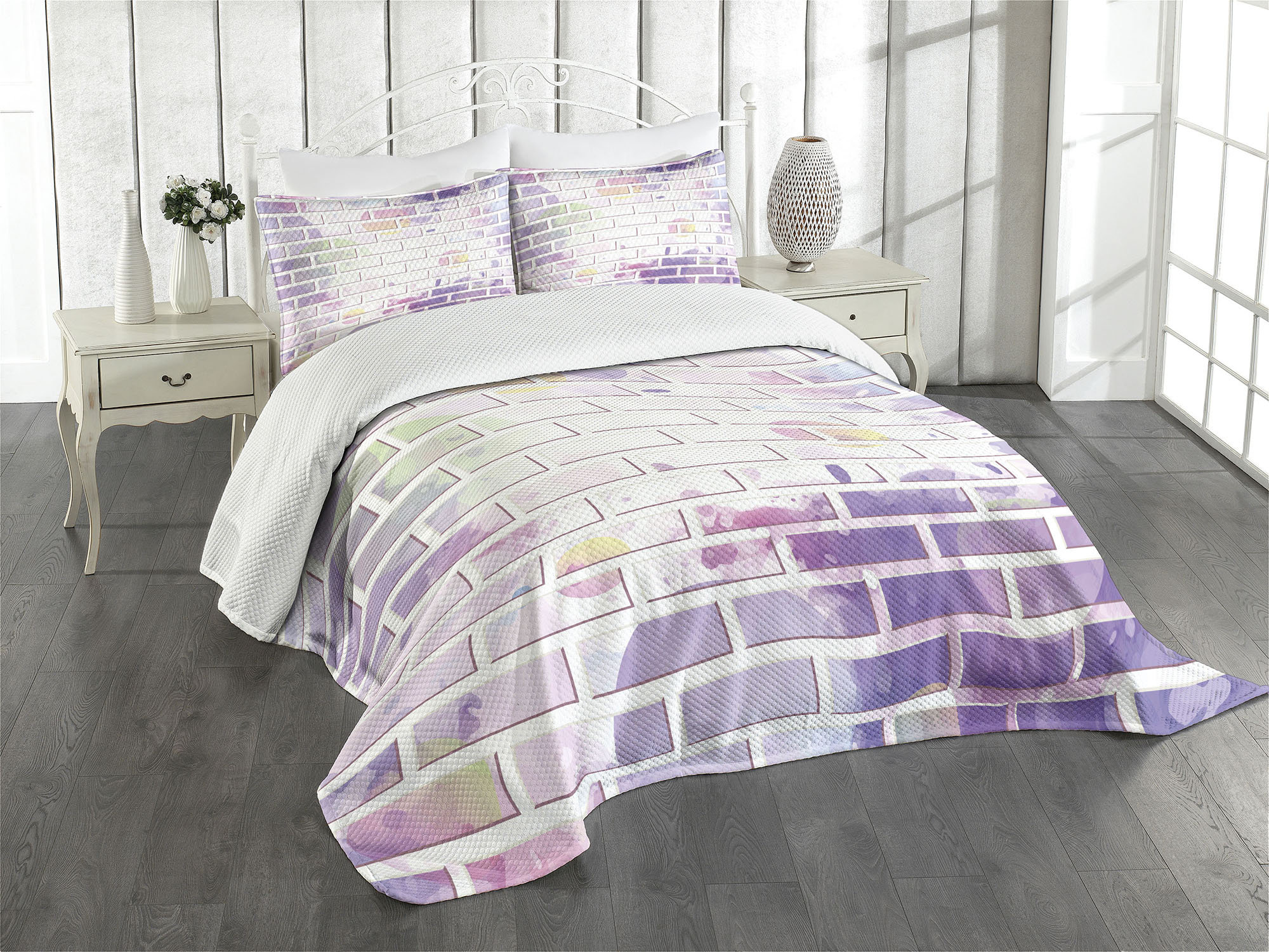 Ambesonne Violet Bedspread Set Vector Graffiti Brick Violet and ...