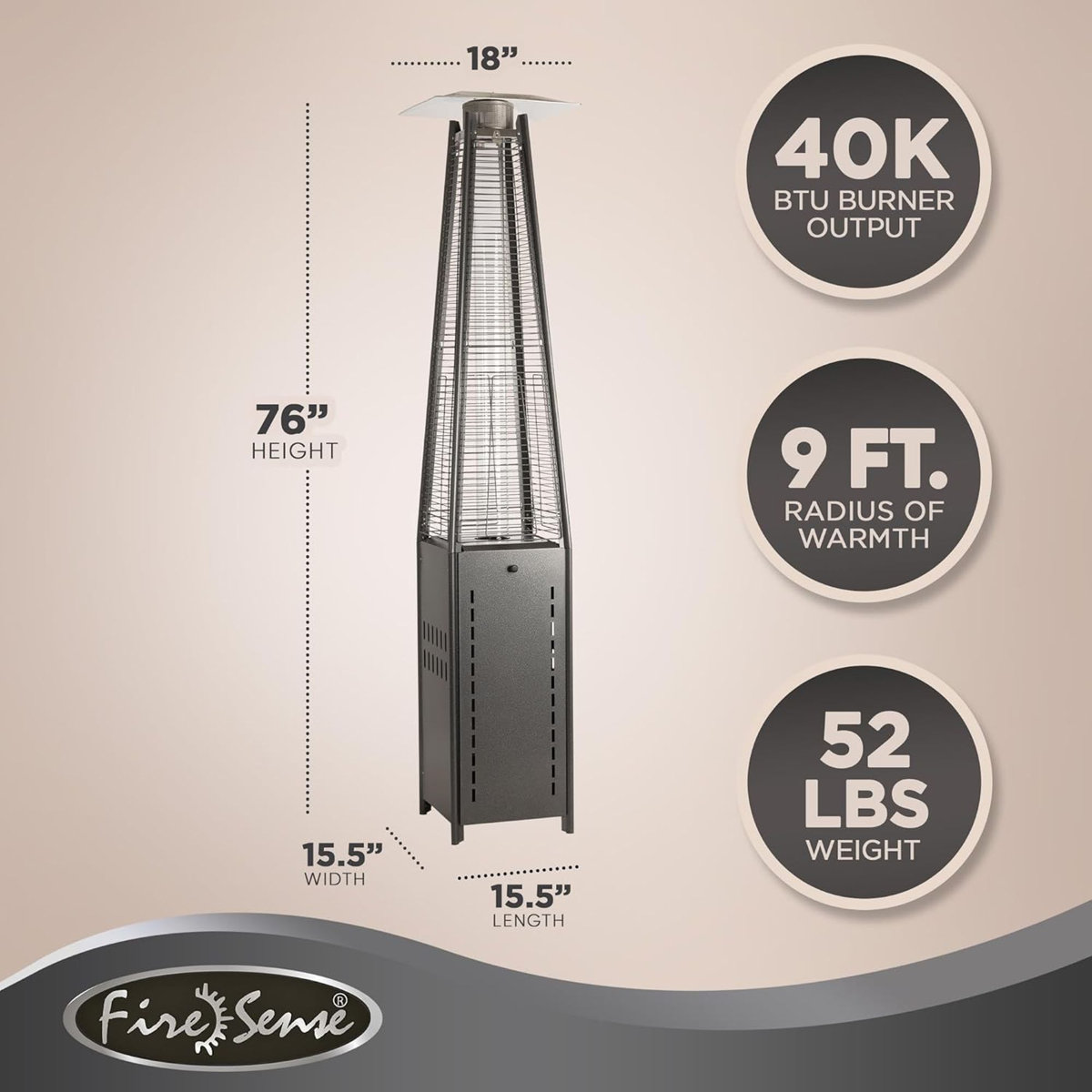 Fire Sense Pyramid Flame Patio Heater 40,000 BTU, Propane Heater Tower ...
