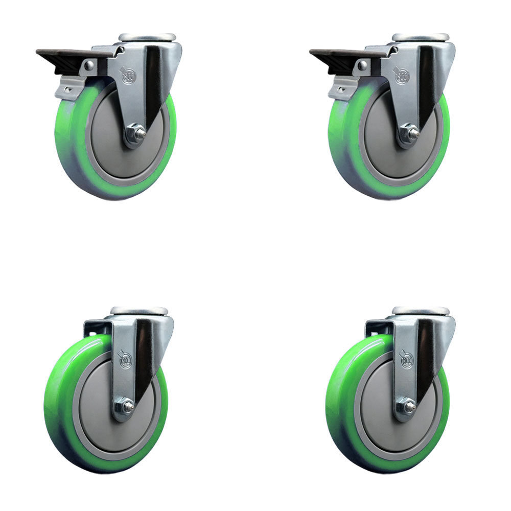 Service Caster 5 Inch Green Poly Wheel Swivel Bolt Hole Caster Set with ...