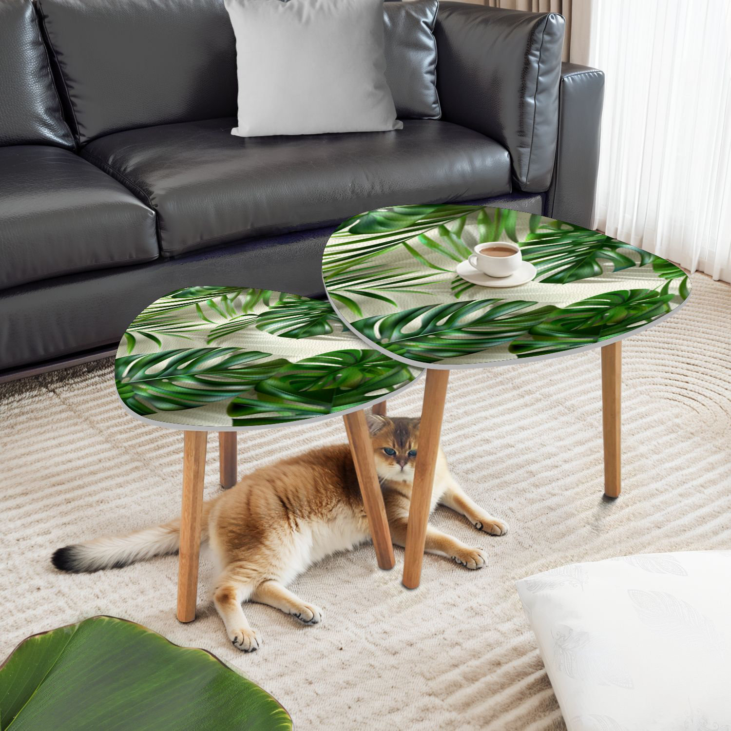 Latitude Run® Triangle Nesting Coffee Table Set of 2 Seamless Tropical Leaves Monstera Palm End ...