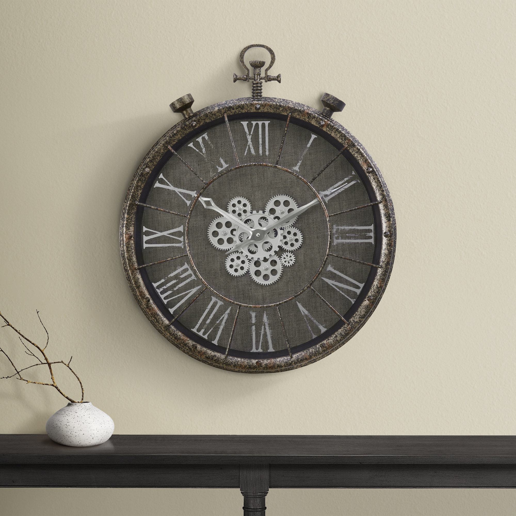 Williston Forge Clocks, 24" Round, Gear Mechanism, Wall Clock, Grey ...