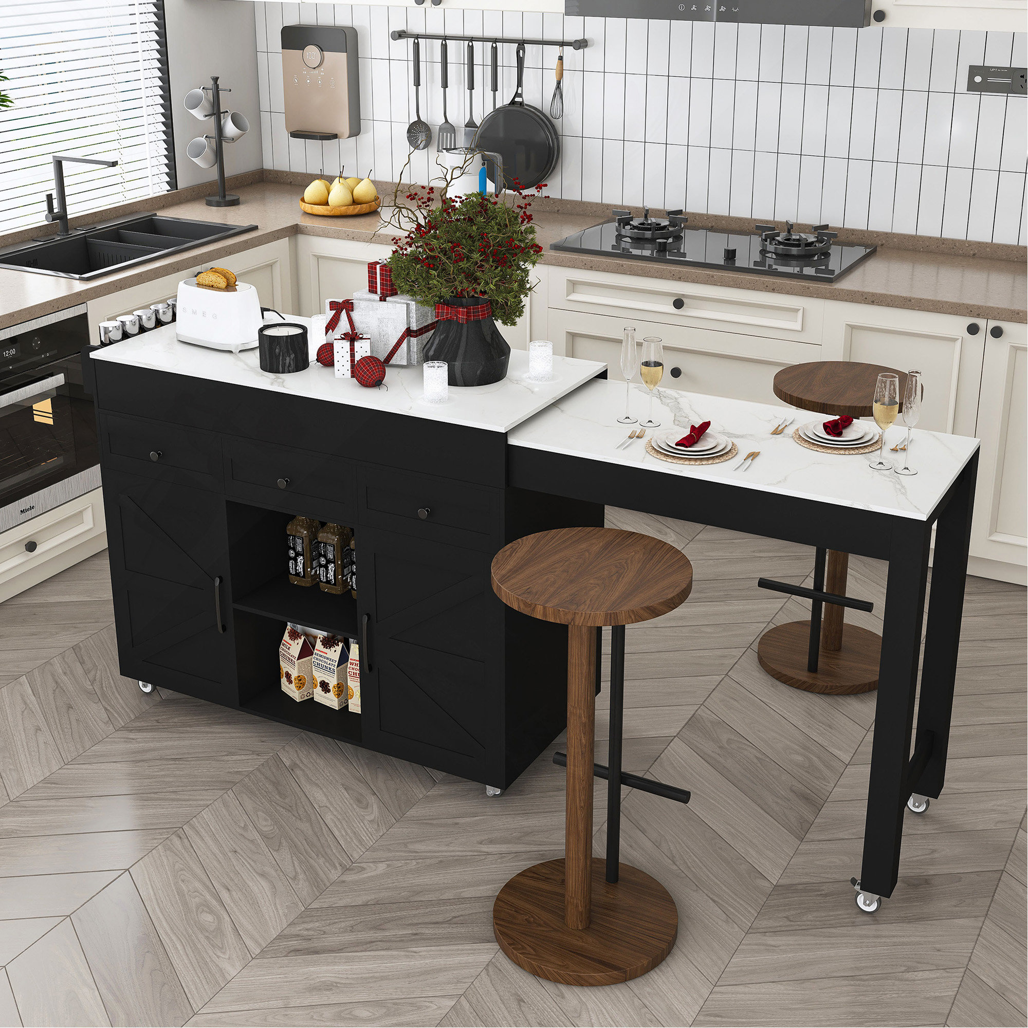 August Grove® Table 74.8" Kitchen Island With Extendable, Rolling ...