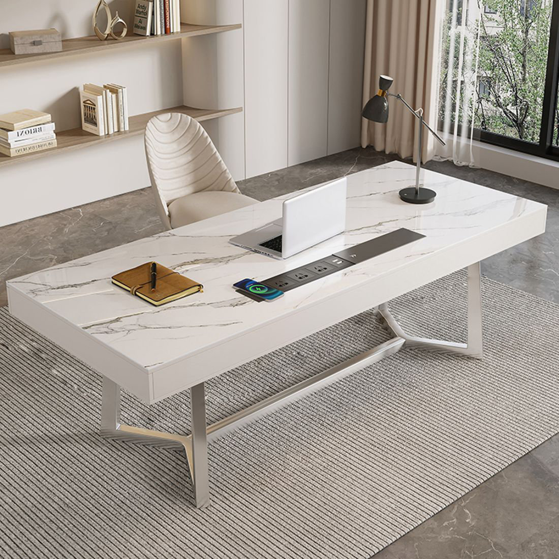 Wrought Studio™ Modern and simple white rock plate desk with drawers ...