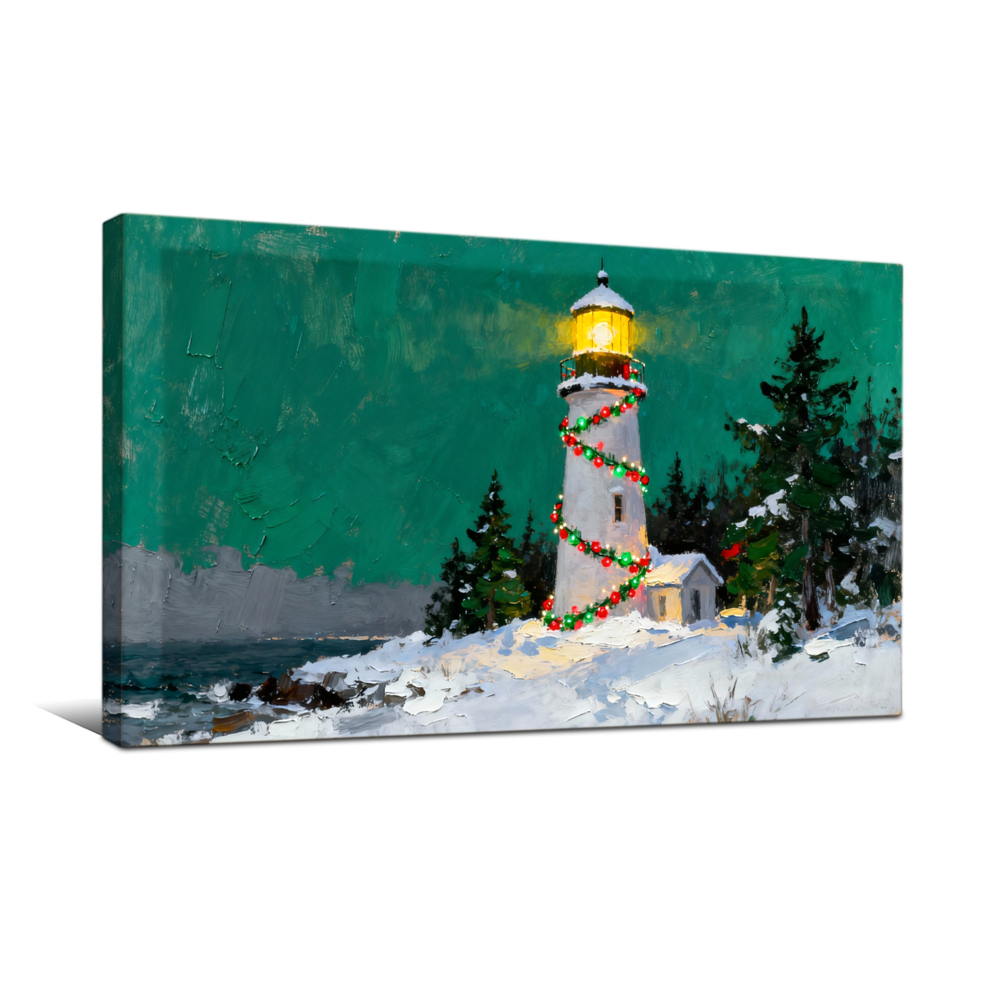 Canora Grey Christmas Lighthouse Christmas Lights Winter Scene Snowy ...
