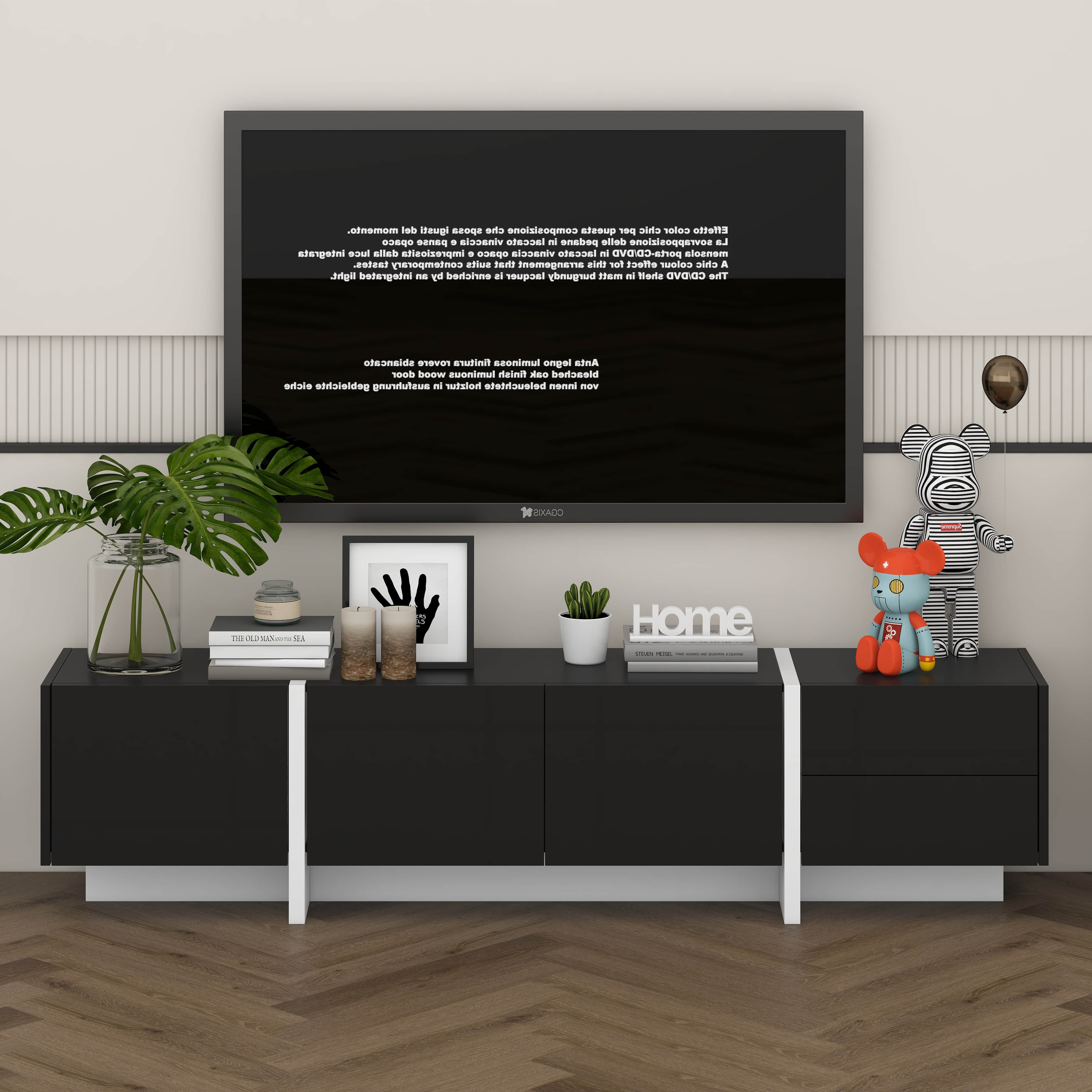 Ivy Bronx White Black Contemporary Rectangle Design TV Stand, Unique Style TV Console Table For ...