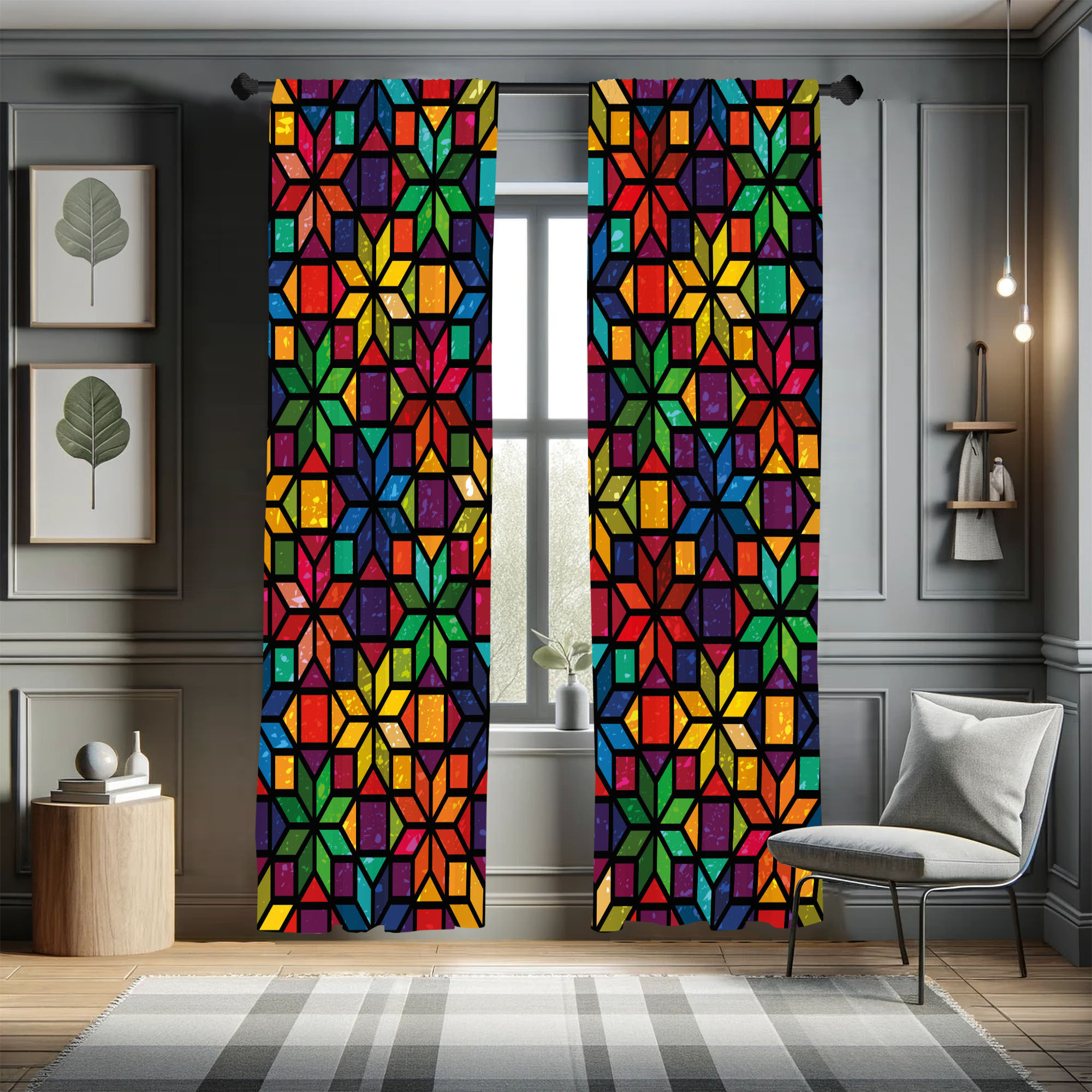 Ebern Designs Geometric Curtains, Window Glass Pattern, Pair of 28 ...
