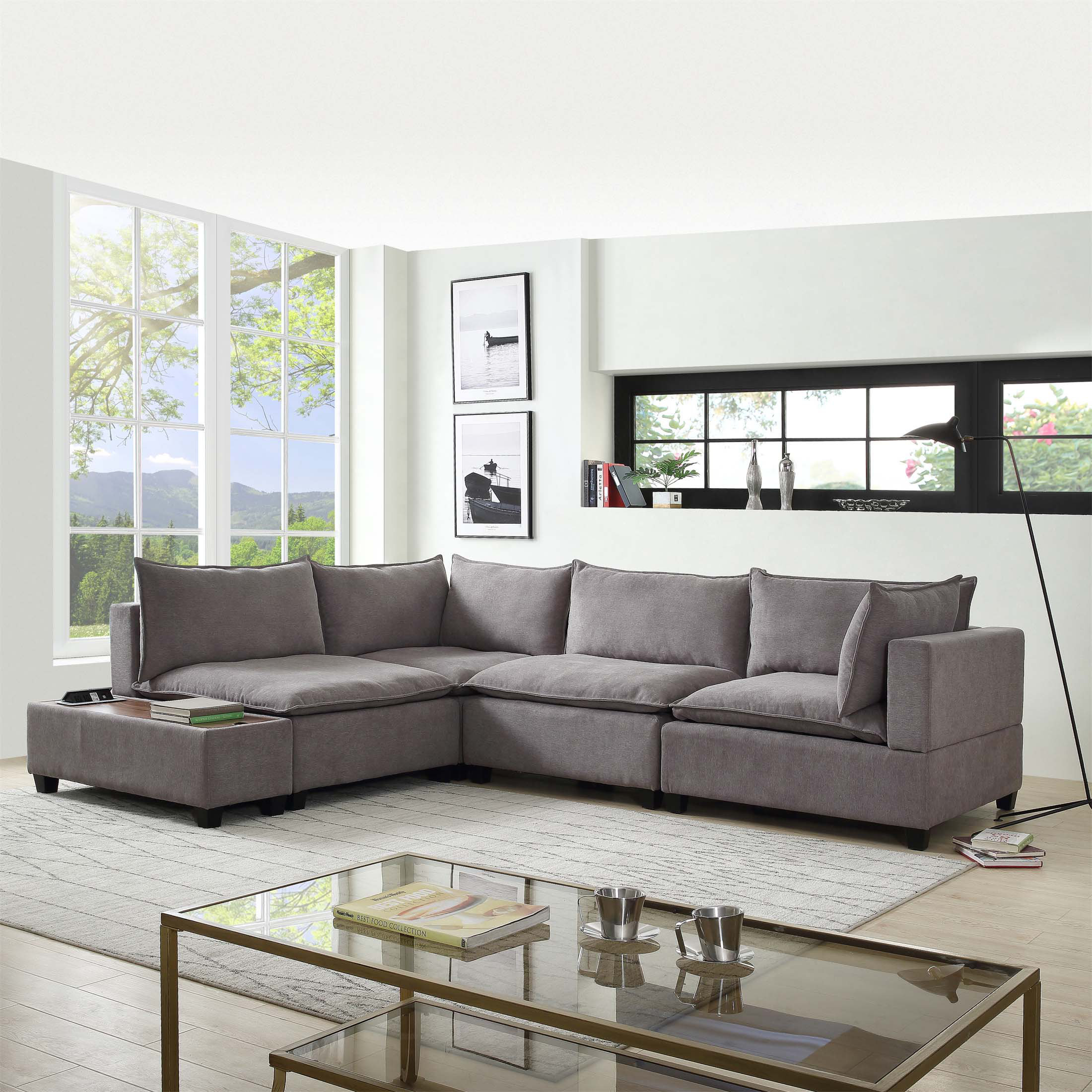 Ebern Designs Madison 120"W Light Gray Fabric 5 Piece Modular Sectional ...