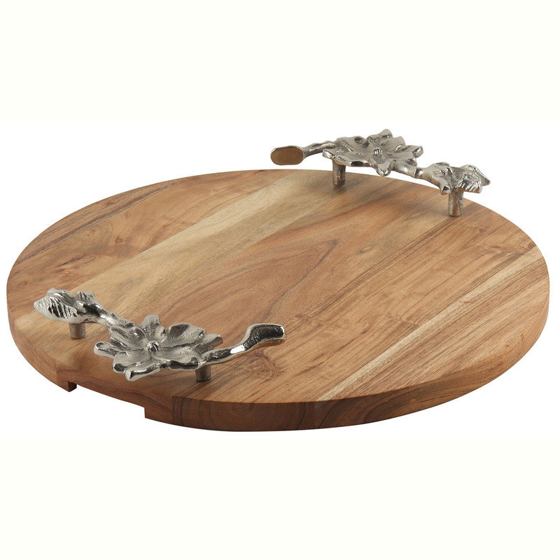 India Handicrafts, Inc. Round Acacia Wood Serving Tray with Silver ...