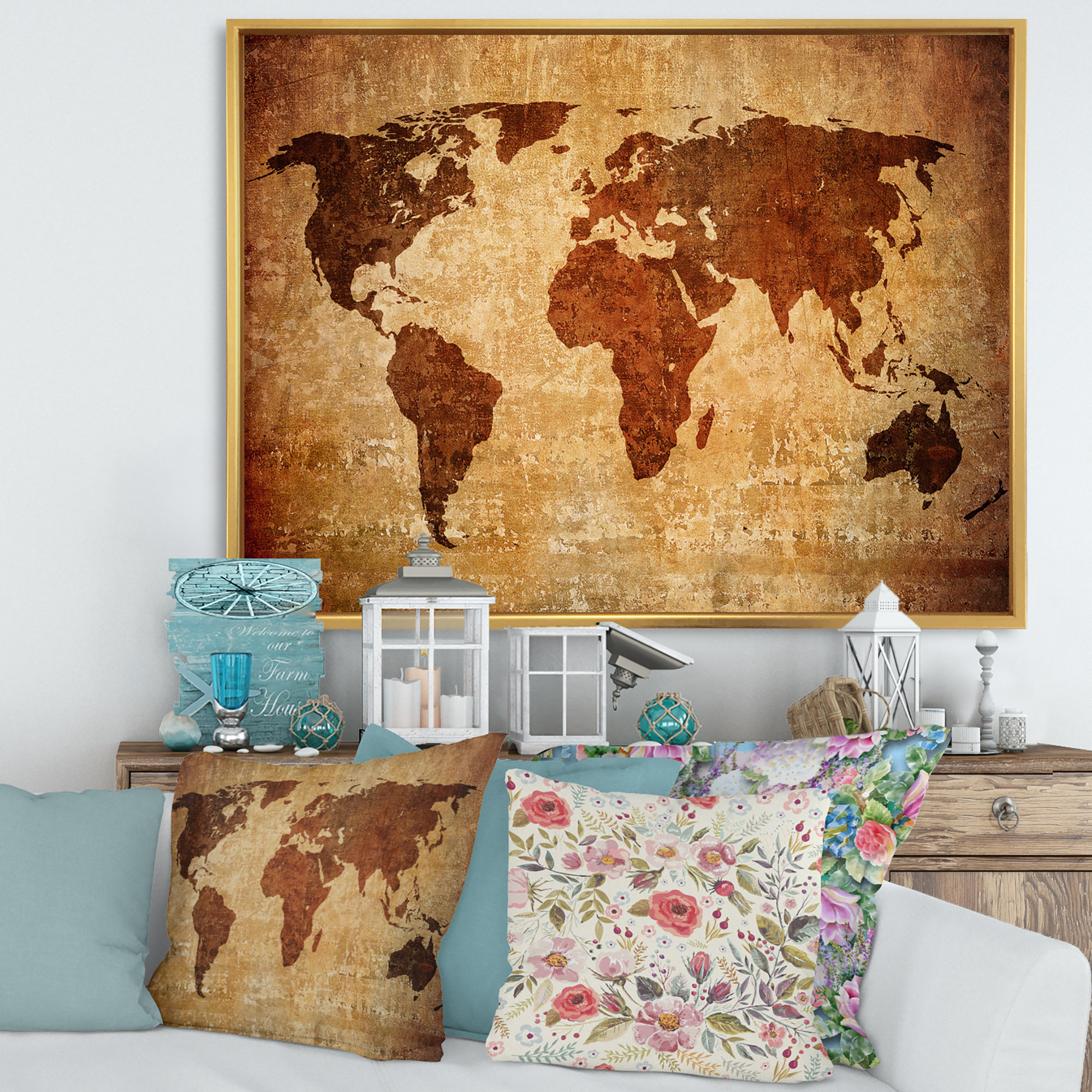 East Urban Home Ancient Map Of The World XI - Floater Frame Print on ...
