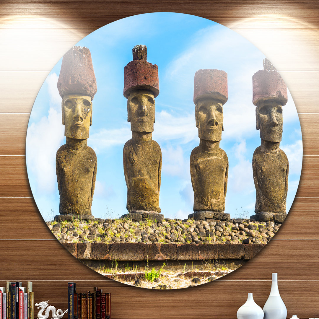 Design Art 'Moai with Red Topknot Hat' Photographic Print on Metal ...