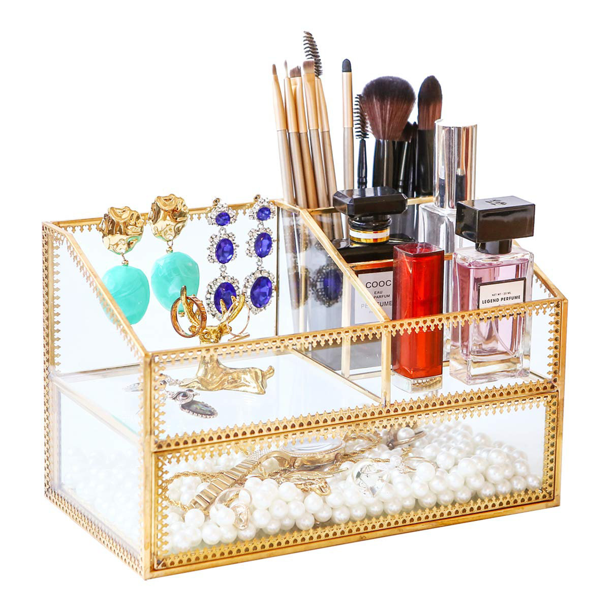 Everly Quinn Golden Glass Box Vanity Tray Glass Case Makeup Display ...