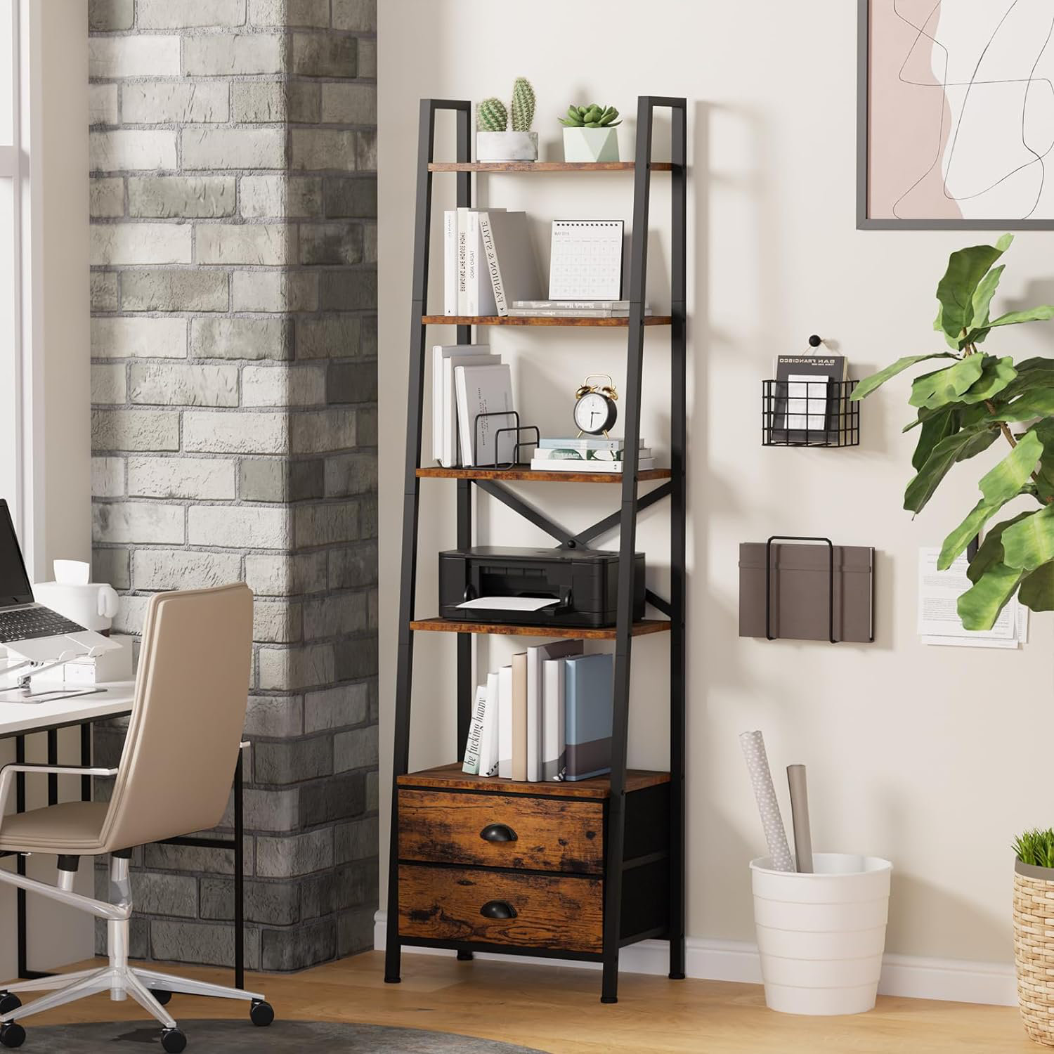 17 Stories 5-Tier Ladder Shelf With 2 Drawers Narrow Bookshelf Storage ...