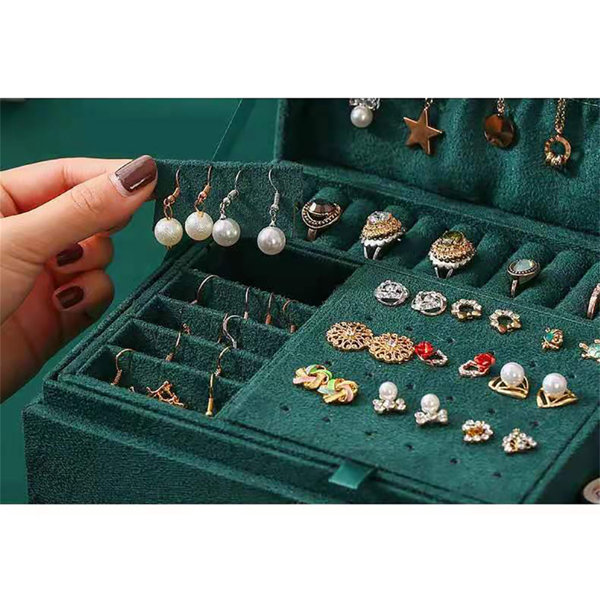 Everly Quinn 3-Layer Dark Green Flannel Ring Necklace Jewelry Box with ...