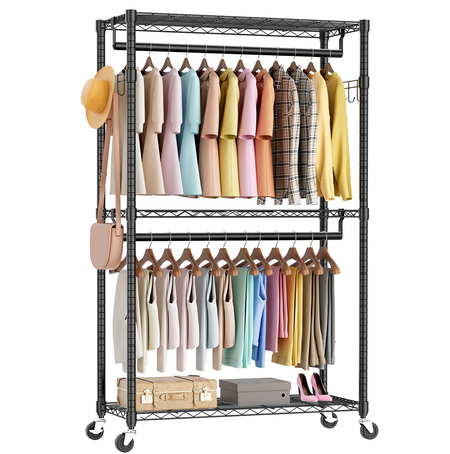17 Stories Rolling Clothes Rack,3 Tiers Portable Adjustable Wire ...
