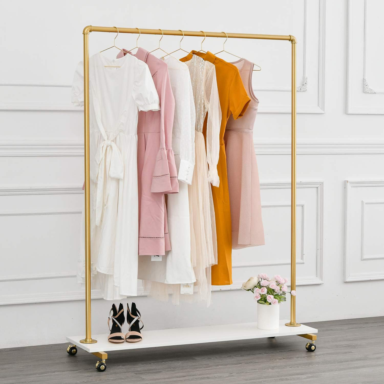 Everly Quinn Gold Pipe Clothing Racks With Shelves Freestanding Clothes ...