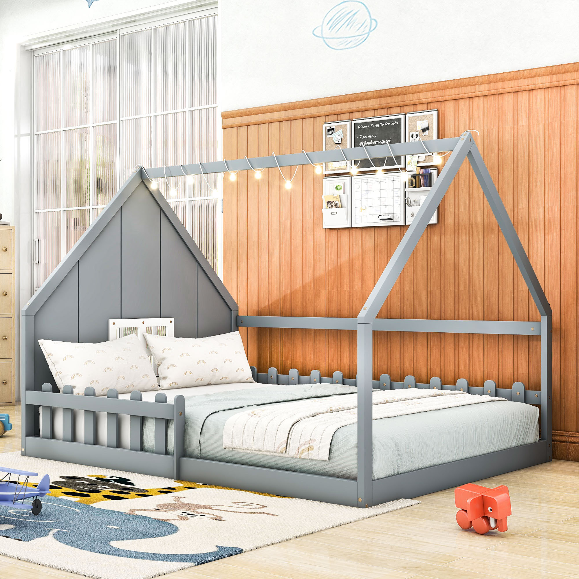 Harper Orchard Anylah Rustic Full Size Wood House Bed with Fence and ...