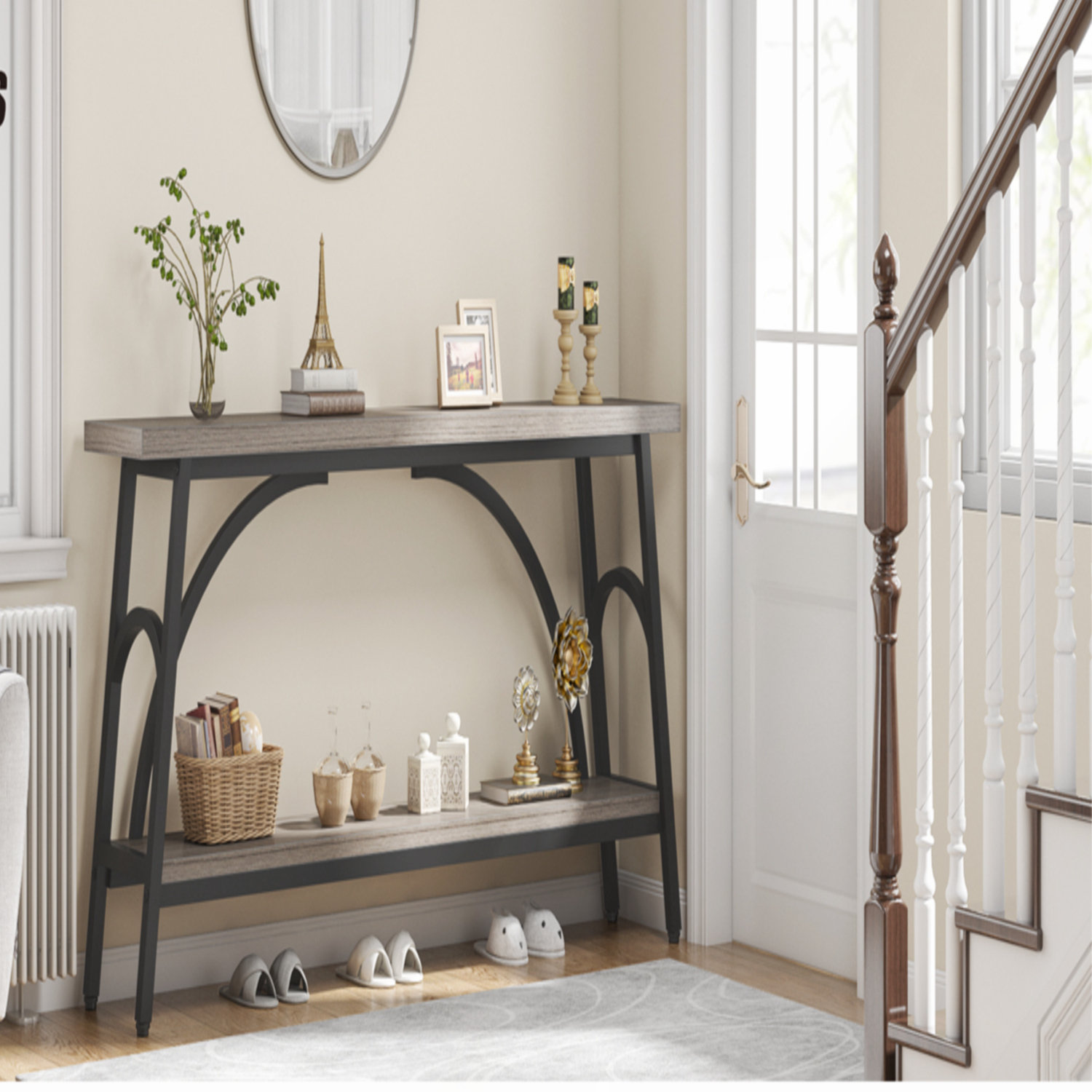 Latitude Run® 70.8” Extra Long Grey Wood Grain Console Table with 2 ...