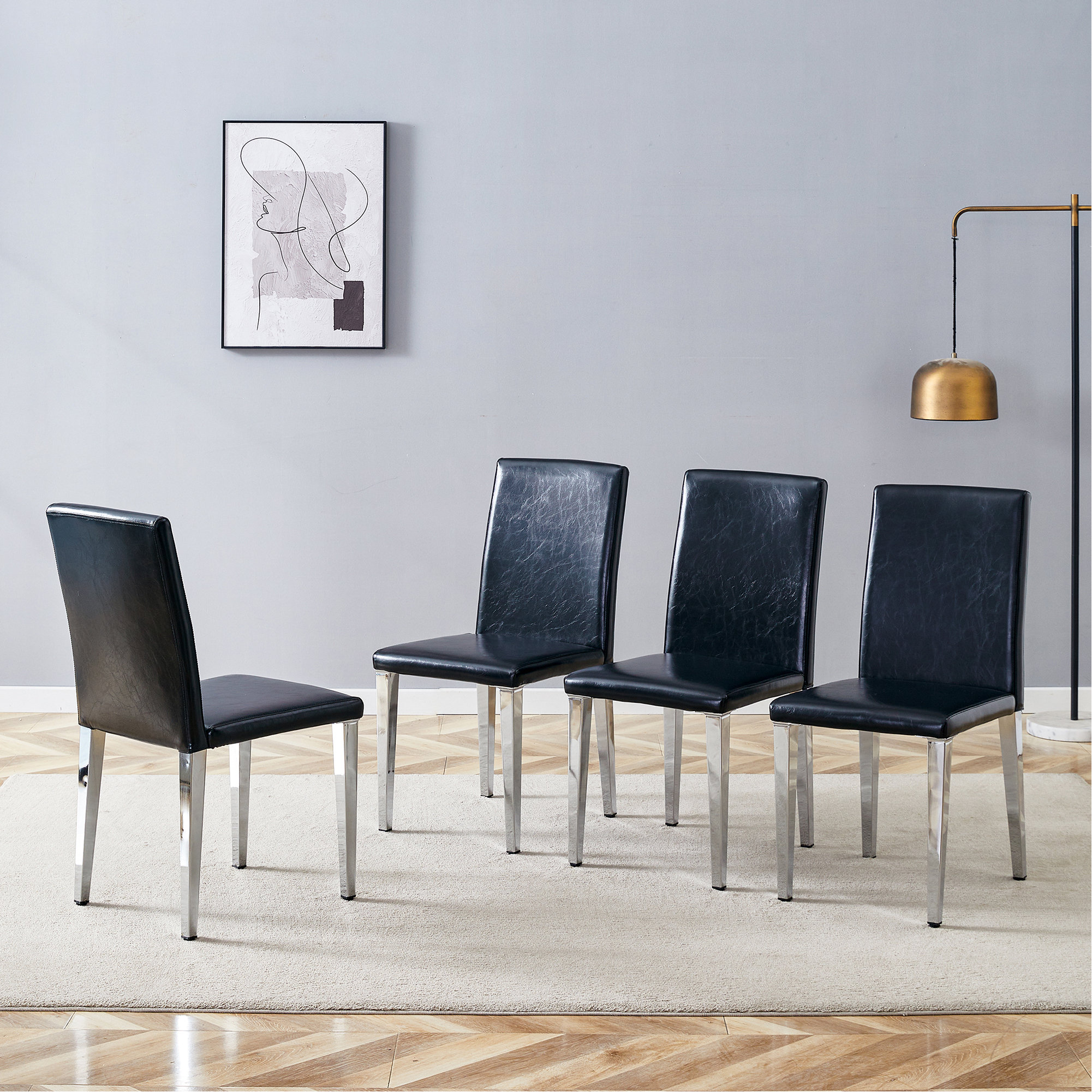 Corrigan Studio® Four Black PU Dining Chairs, Silver Metal Legs. Simple ...