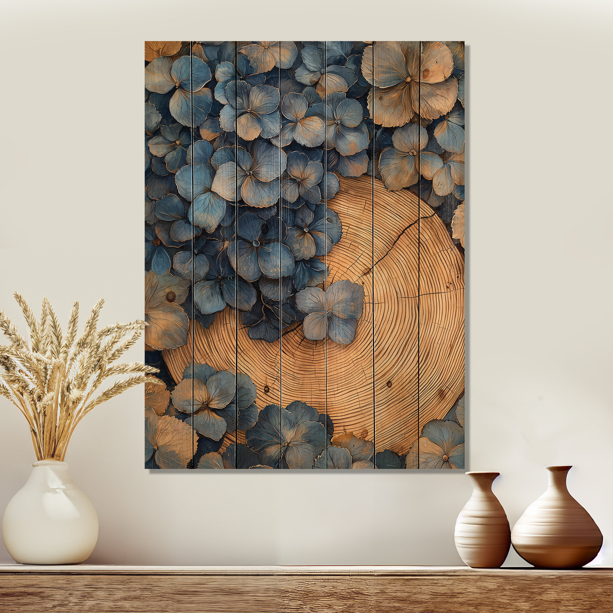 Ophelia & Co. Aqua Hydrangea Flowers On Wooden Slide I - Hydrangea Wood ...