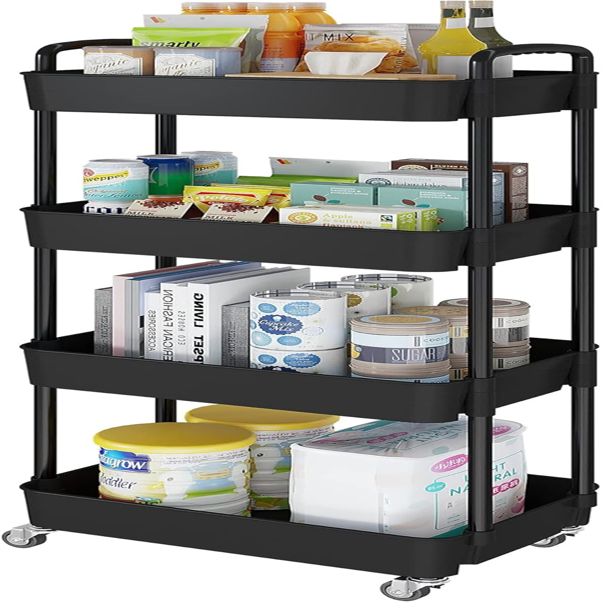 EXEBIL Storage Trolley 4 Tiers with Lockable Wheels, Kitchen Storage ...