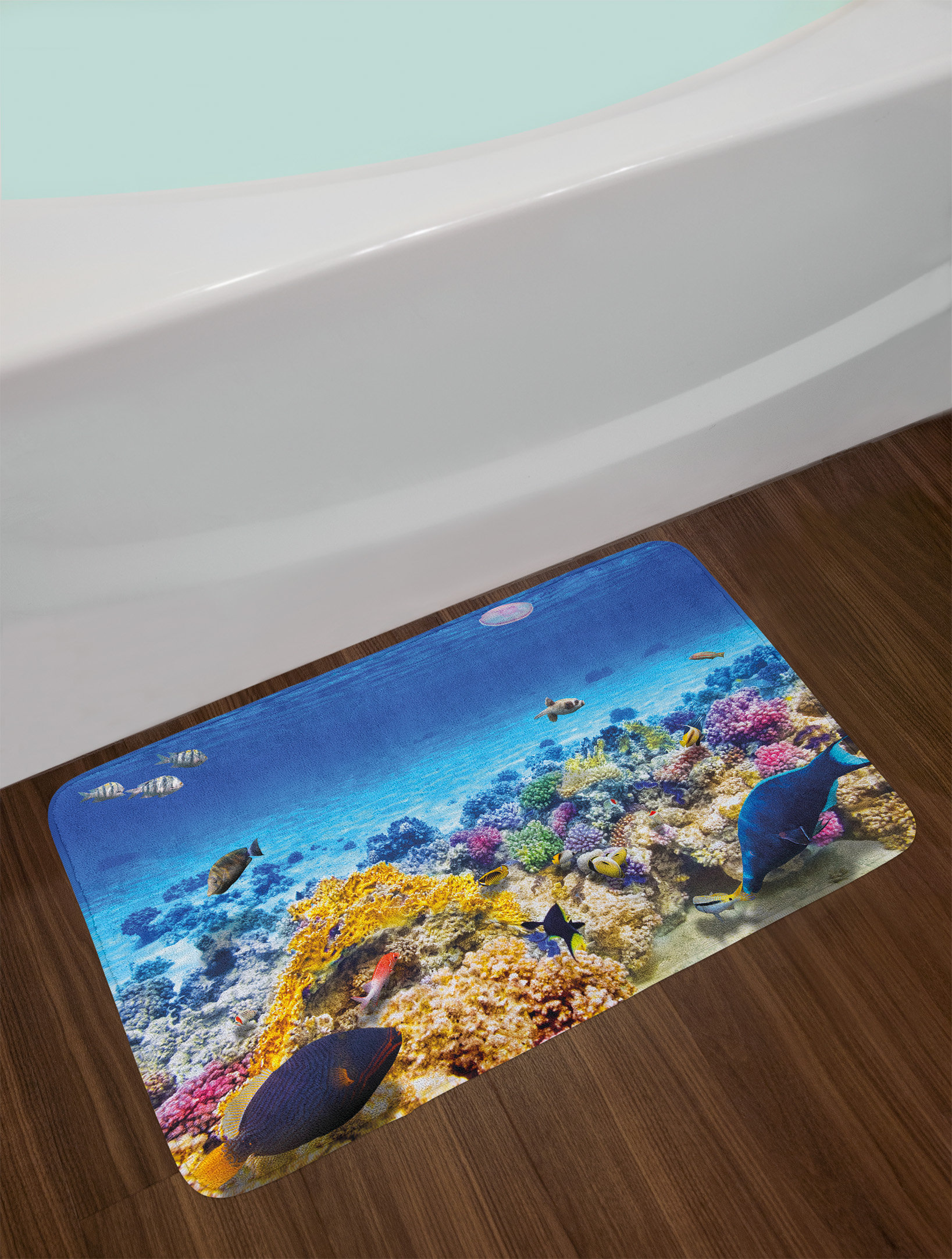 East Urban Home Underwater Turquoise Fish Bath Rug | Wayfair