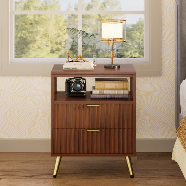 Mercer41 Mid-Century Modern 2-Drawer 23" Tall Nightstand with Open ...