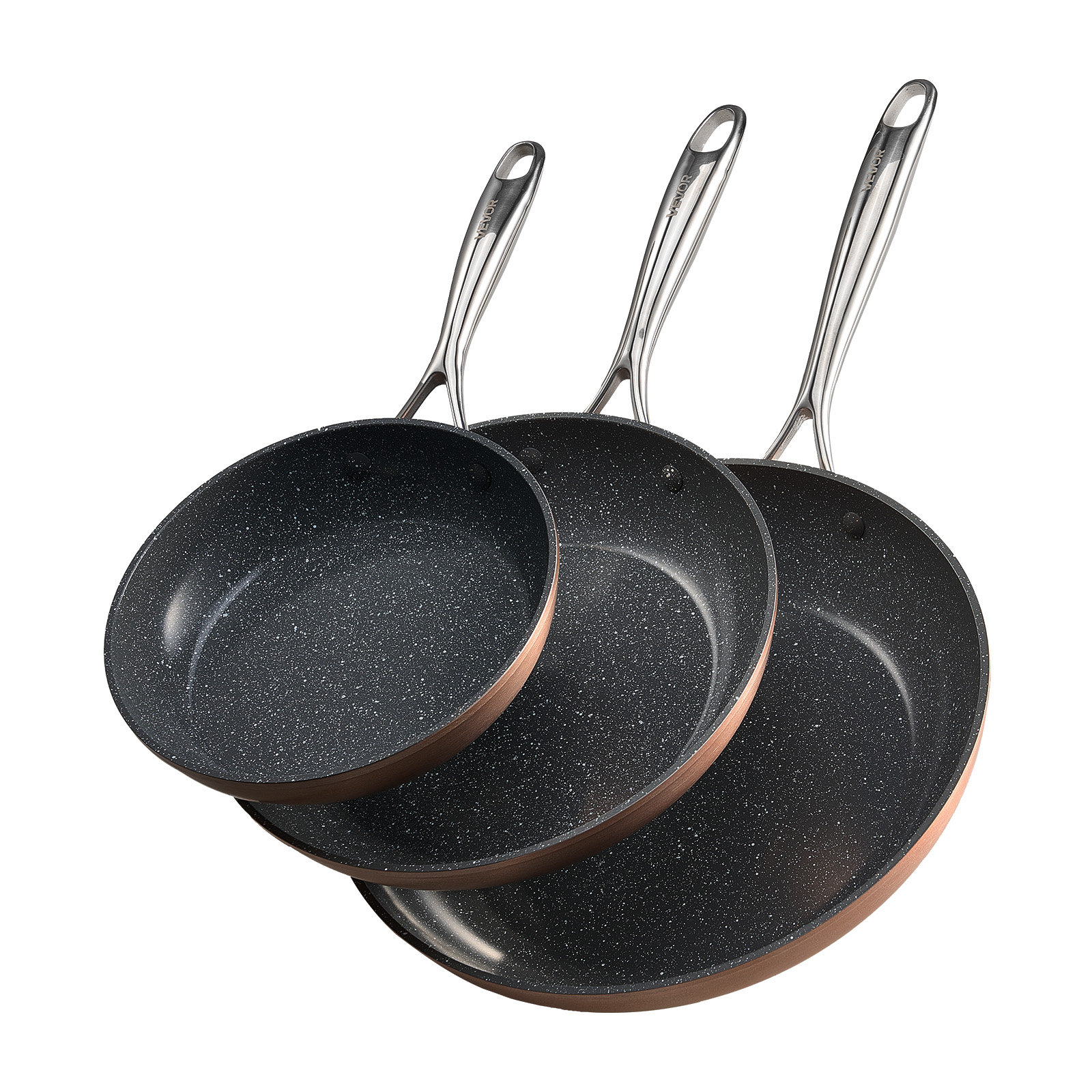 VEVOR 3 Piece Frying Pan Aluminum Skillet Set 8 10 12 in Handle Pre ...