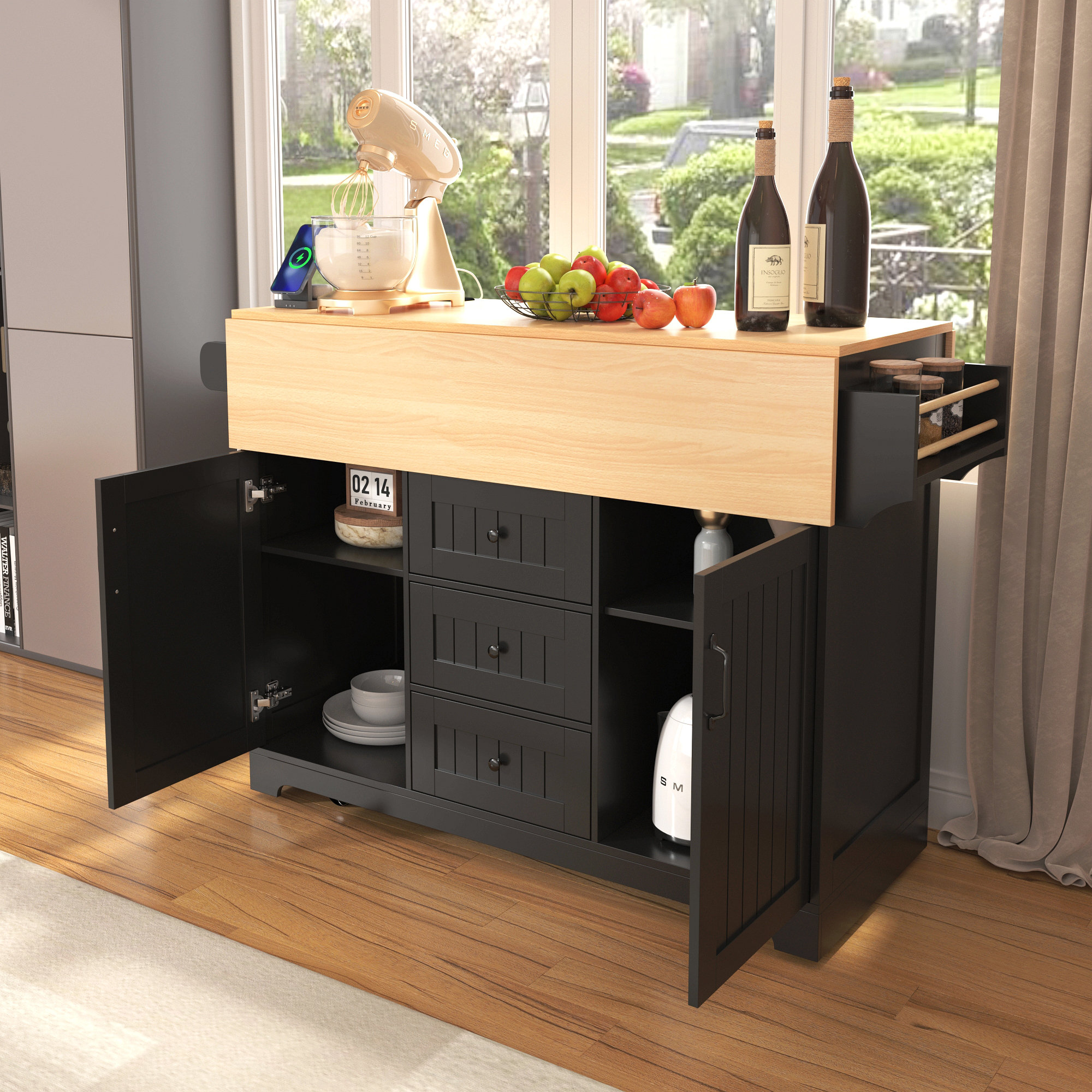 Lark Manor™ 55.7'' Large Kitchen Island With 2 Drop Leaf,, Rolling ...