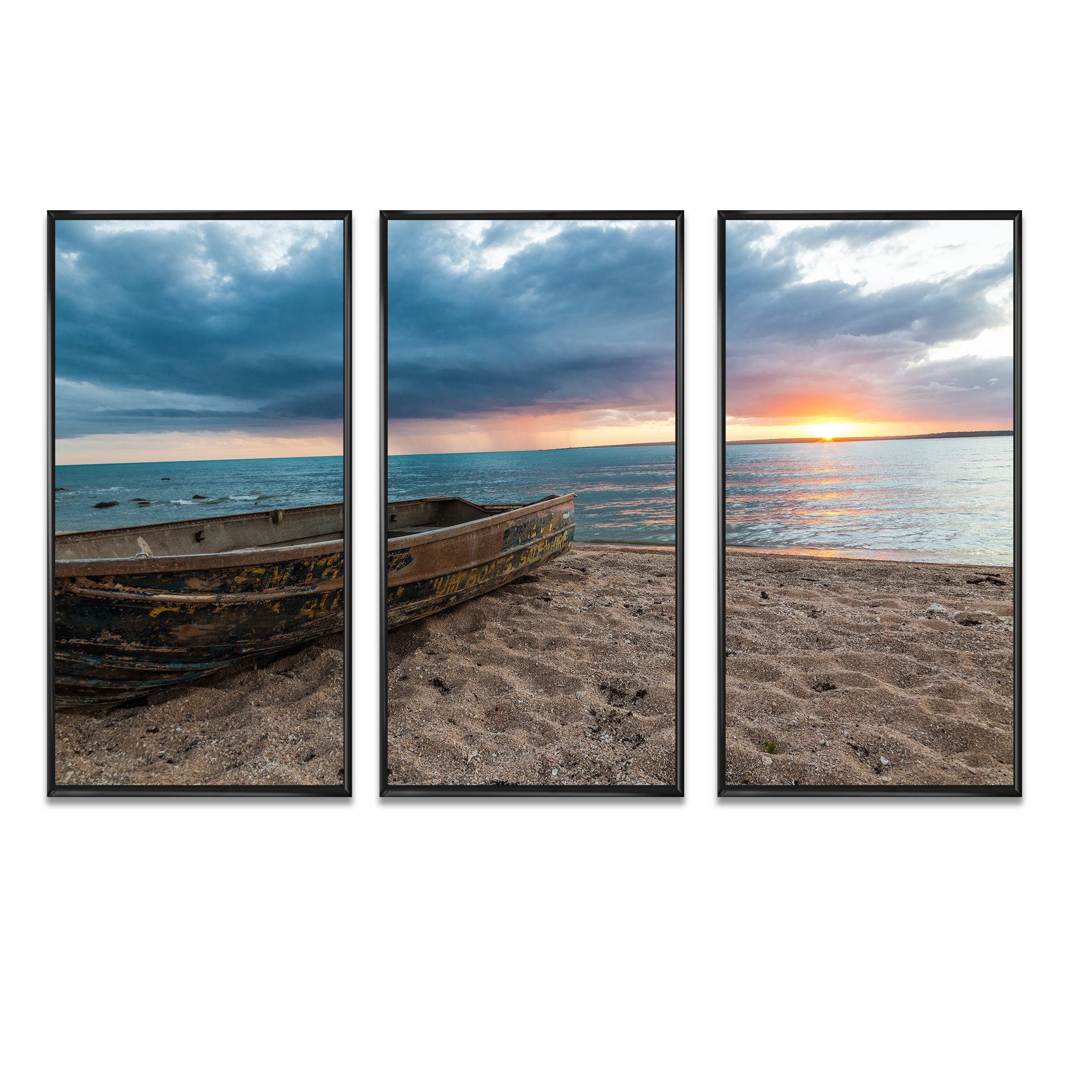 Breakwater Bay Rusty Row Boat on Sand at Sunset - 3 Piece Floater Frame ...