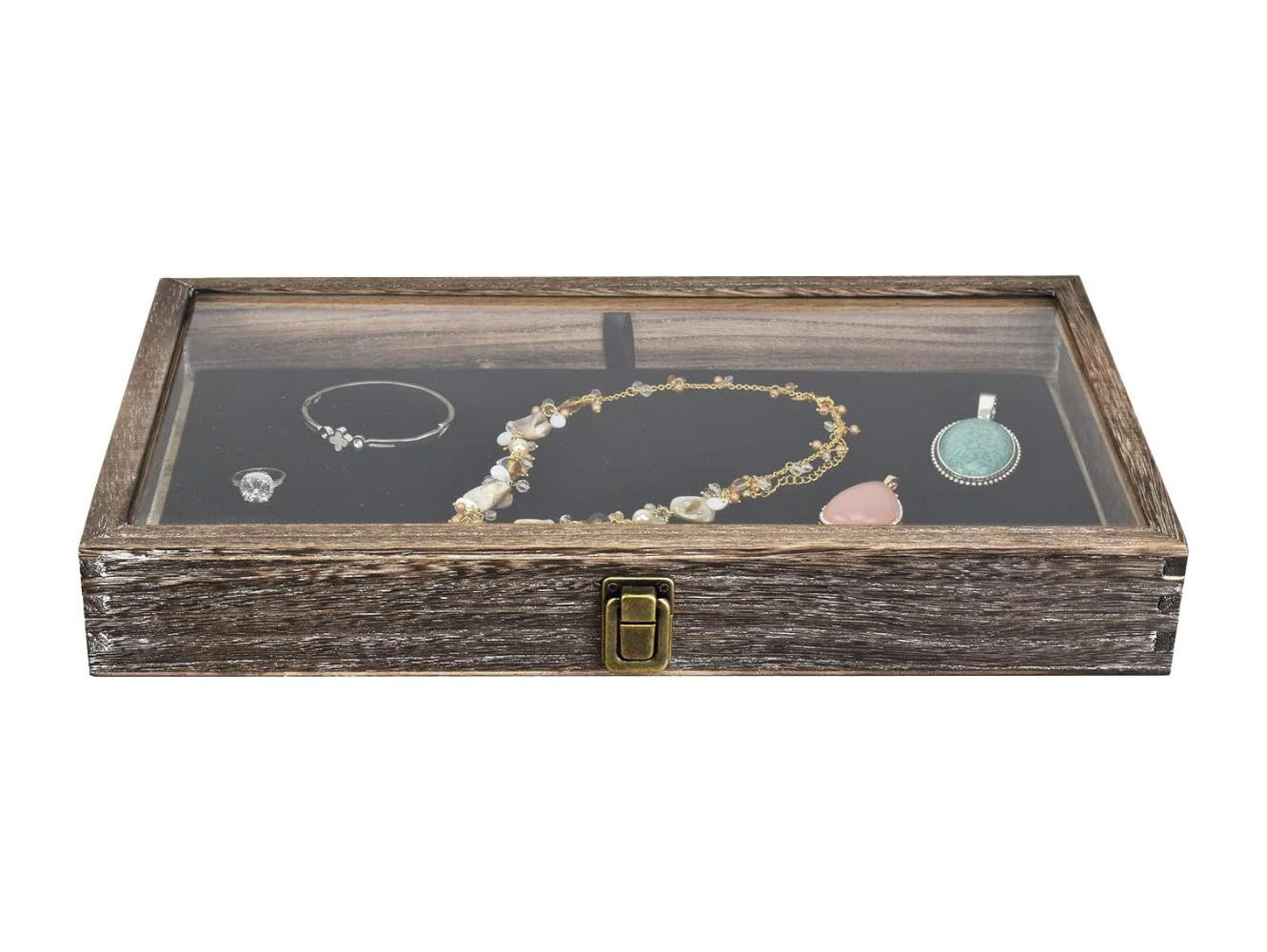 Gracie Oaks Wooden Jewelry Display Case Tempered Glass Top Lid ...