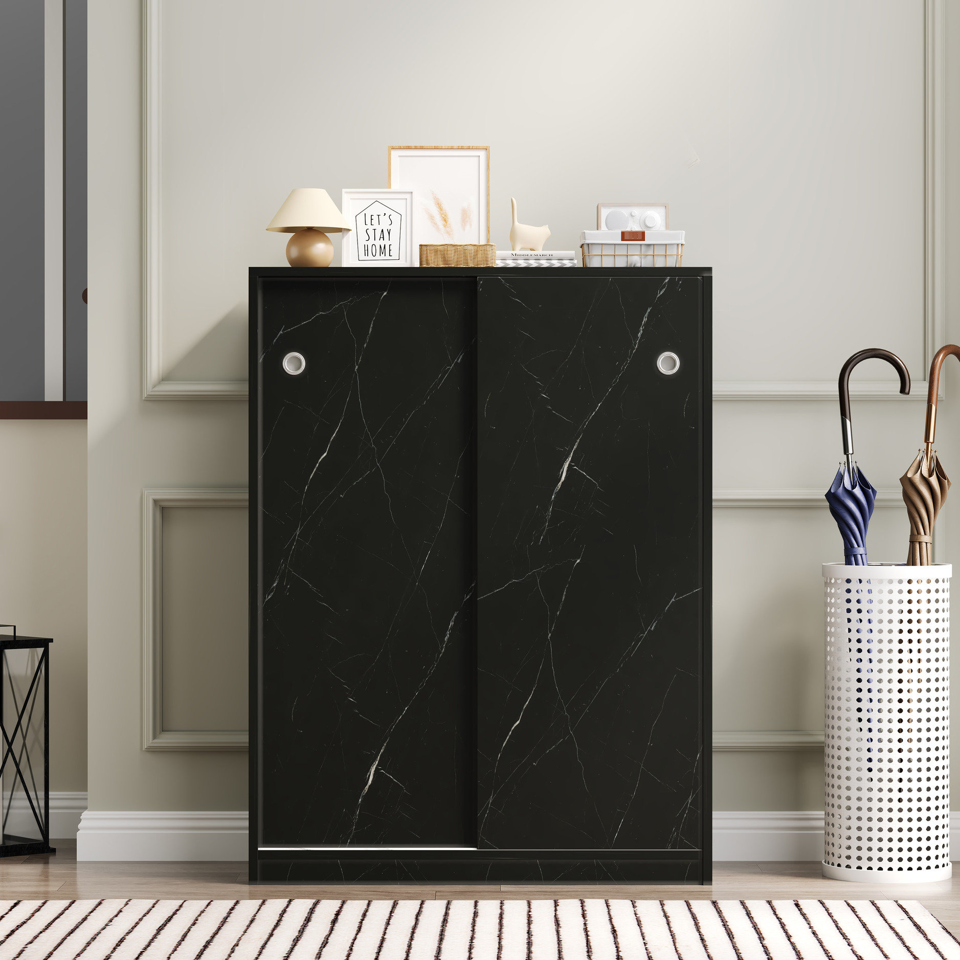 Ebern Designs Black Marble Sliding Door Shoe Storage Cabinet With 6 ...