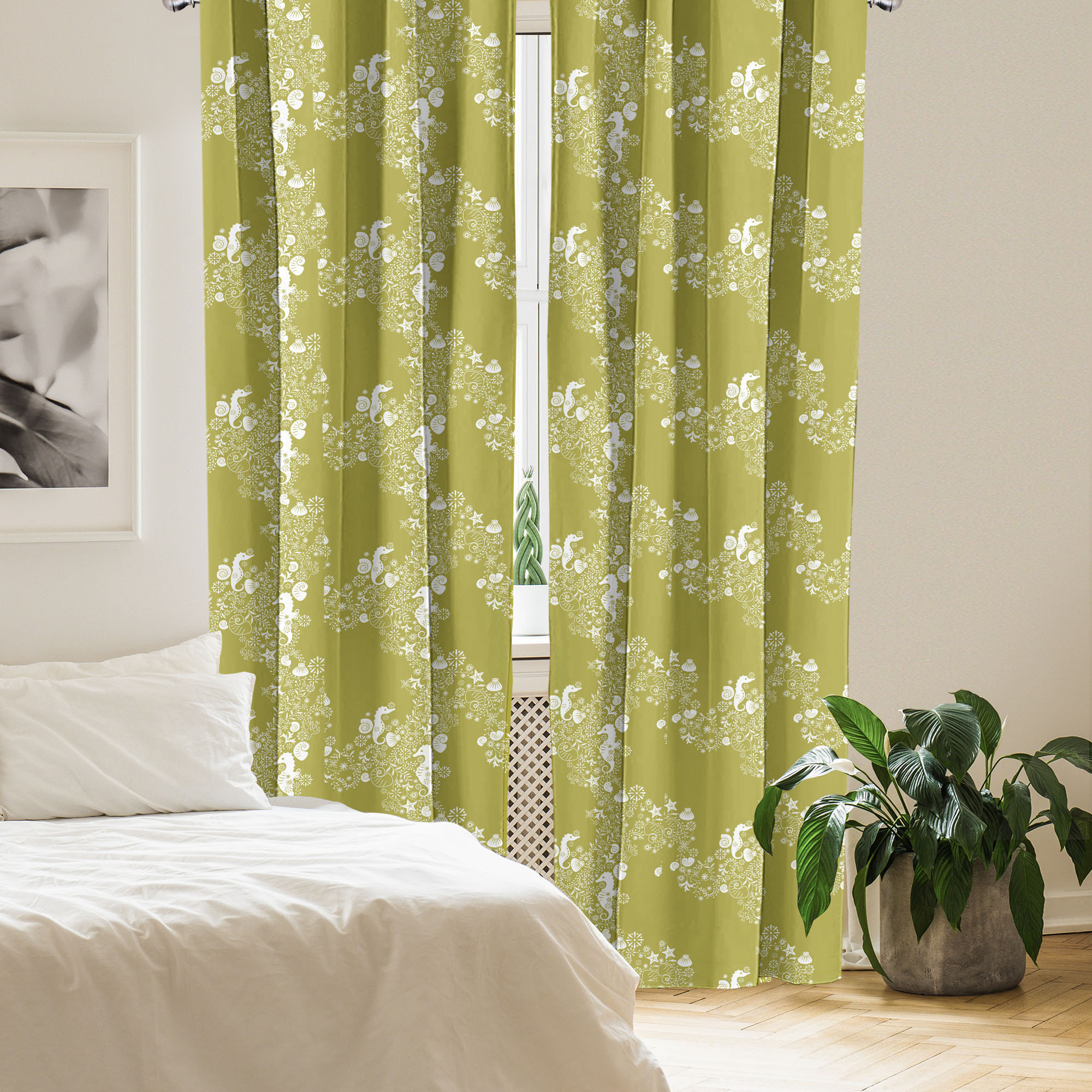 Mercer41 Sea Shells 4-Panel Curtains, Swirls with Seahorse Yellow Green ...