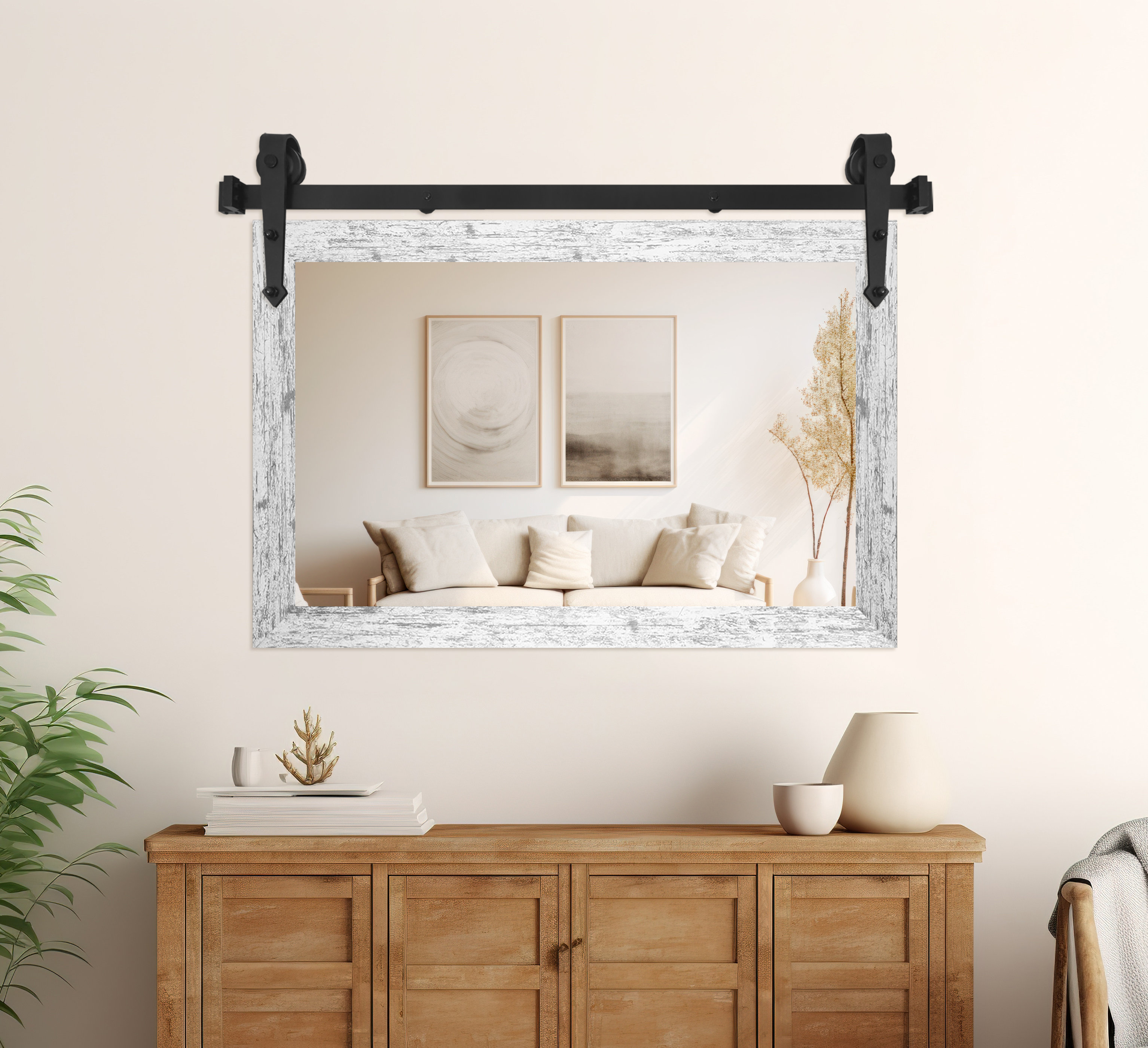 Modern Rustic Mirror with Steel Barn Door Track - Wayfair Canada