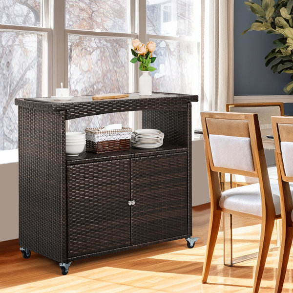 Latitude Run® Outdoor Patio Wicker Buffet & Console Table With Rolling ...