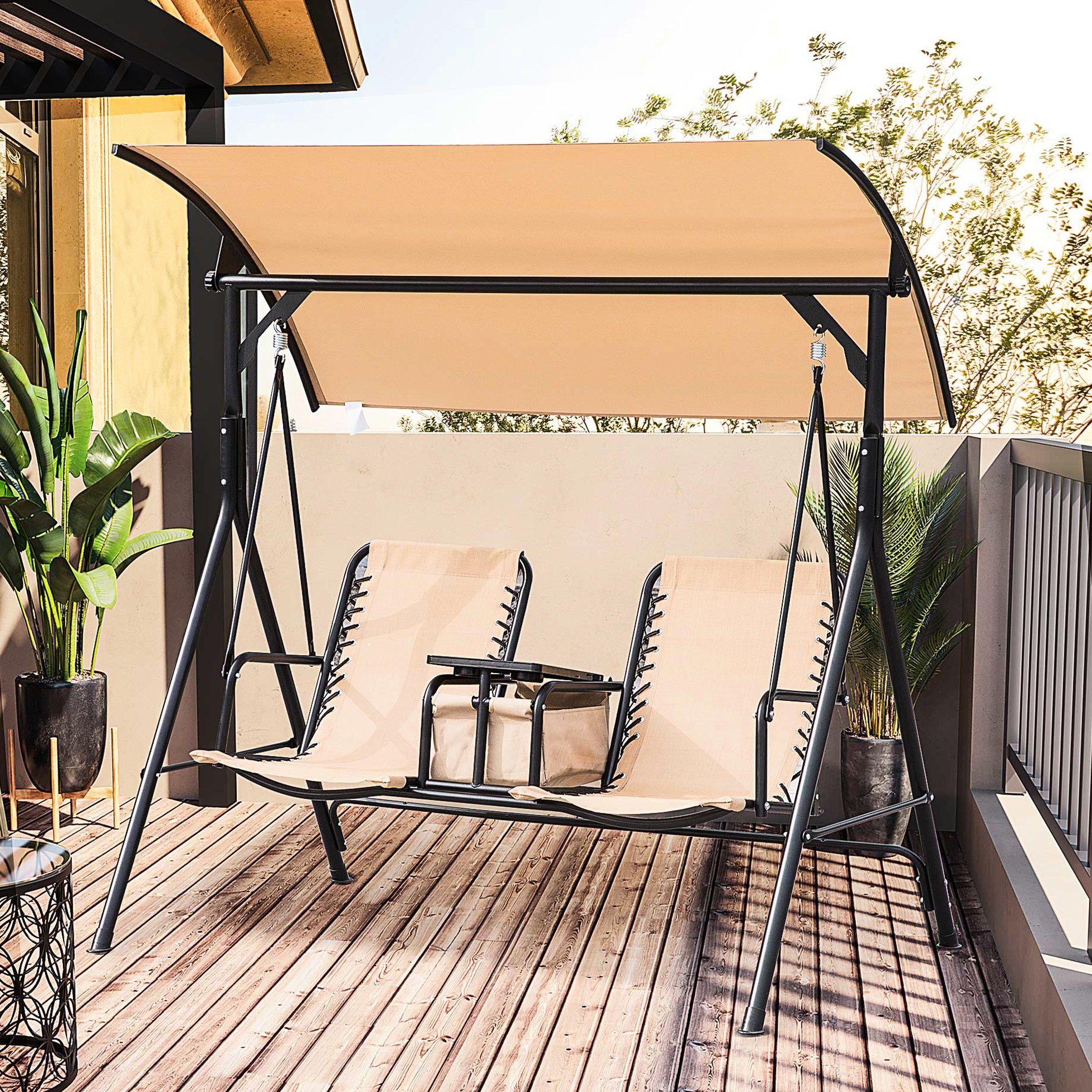 Ebern Designs Patio Swing Chair For Two, Outdoor Canopy Glider With ...