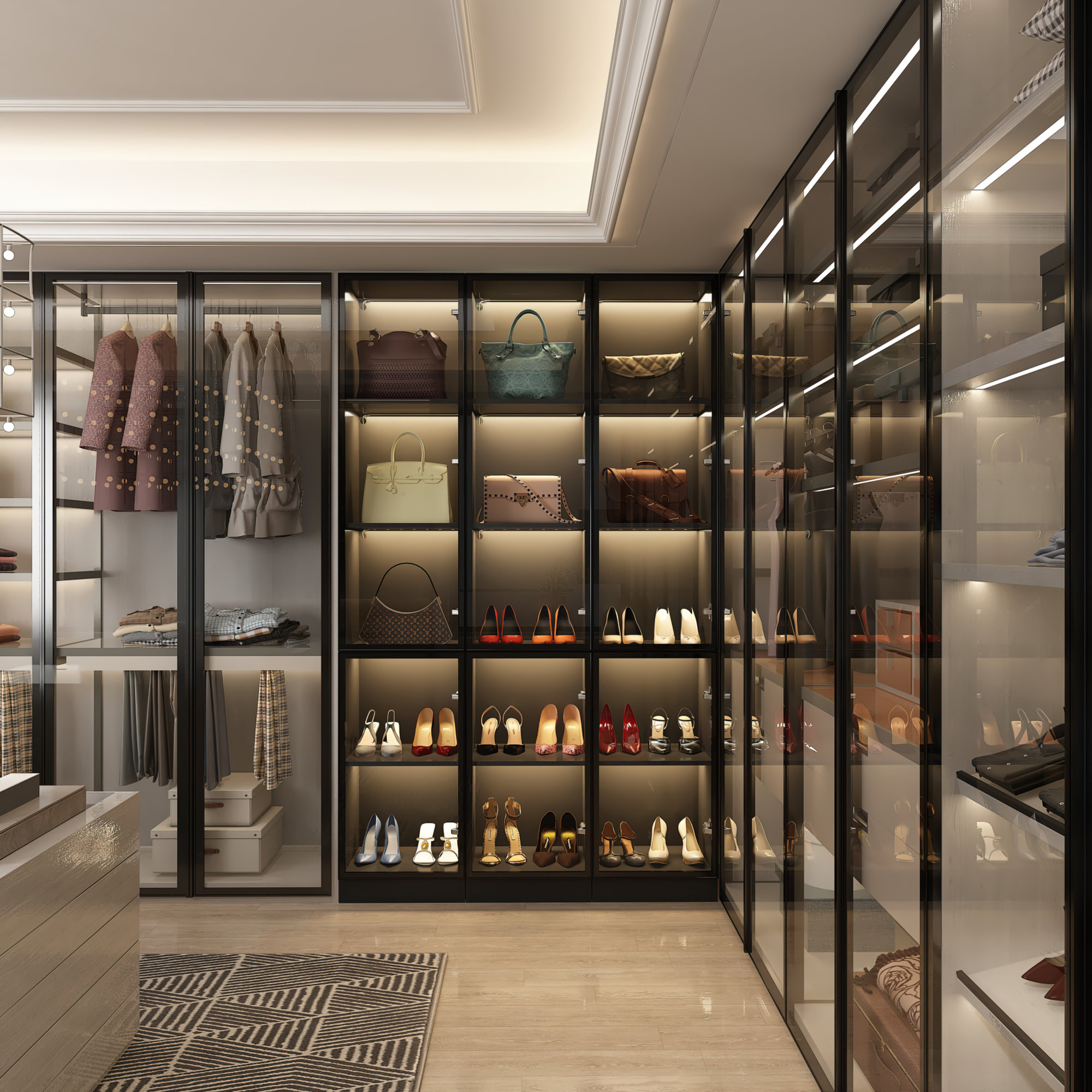 Ivy Bronx Black Closet System Shelf Unit With Light And Tempered Glass ...