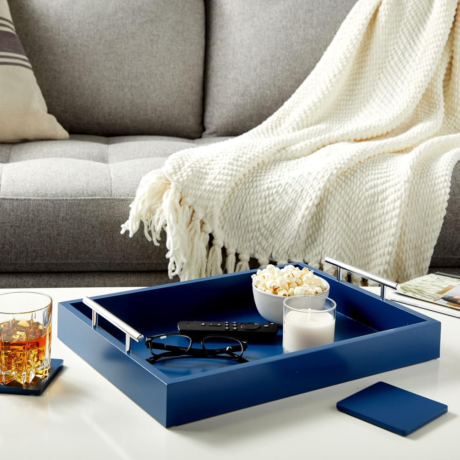 Mercer41 Blue Serving Tray for Coffee Table Decor with Coasters ...