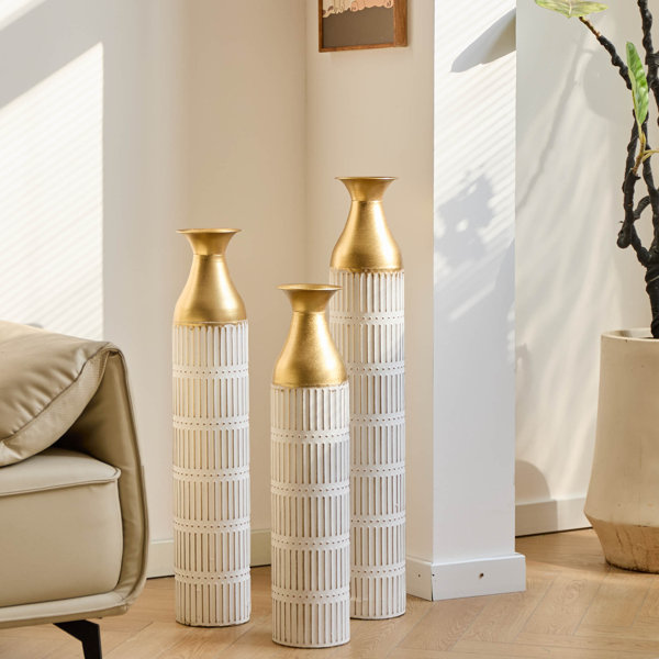 Everly Quinn Medhansh White and Gold Floor Vase, Large Metal Floor Vase ...