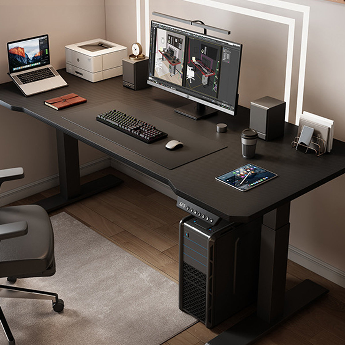 Inbox Zero A black rectangular artificial wood height-adjustable desk ...