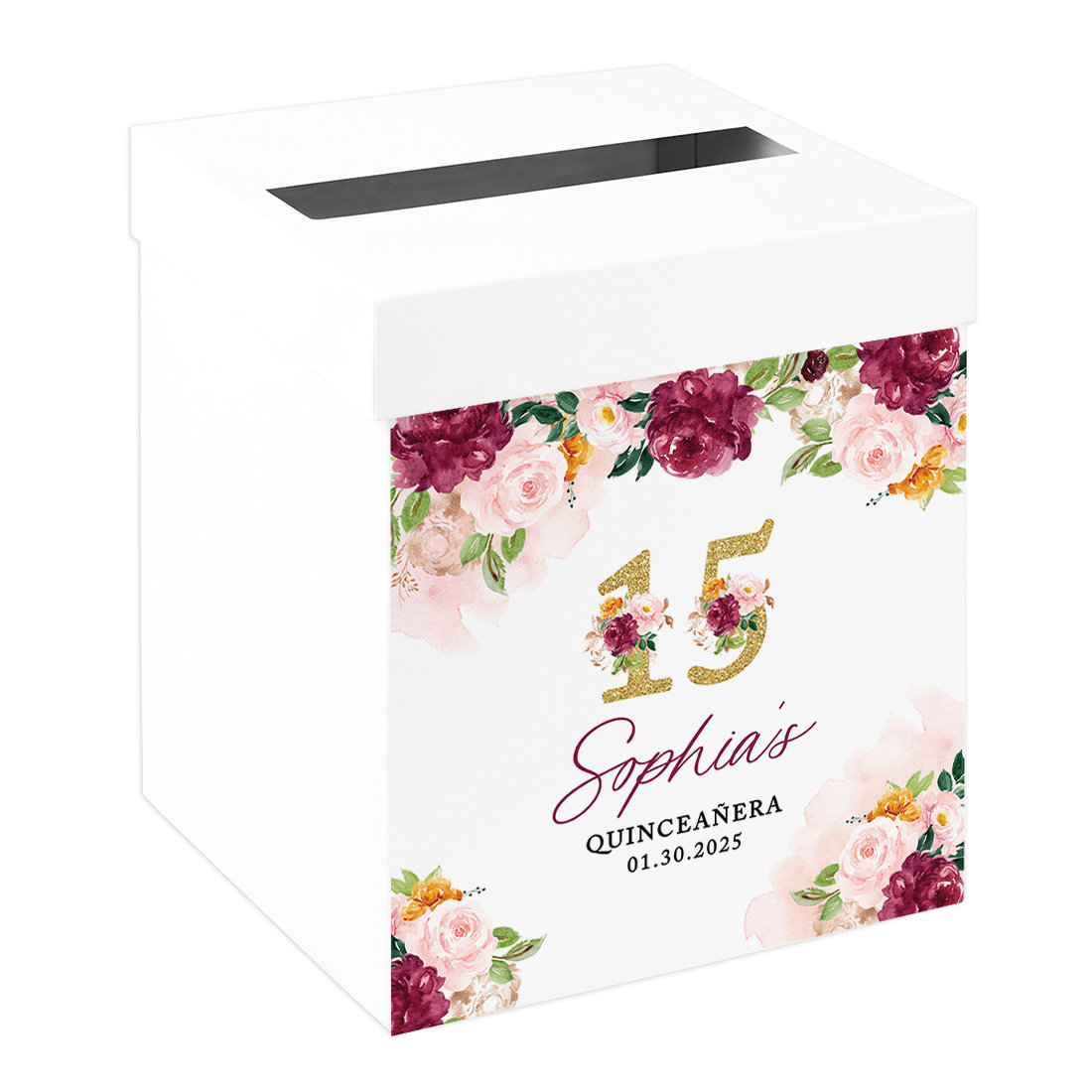 Koyal Wholesale Custom Quinceanera Card Box, Burgundy & Blush Pink ...