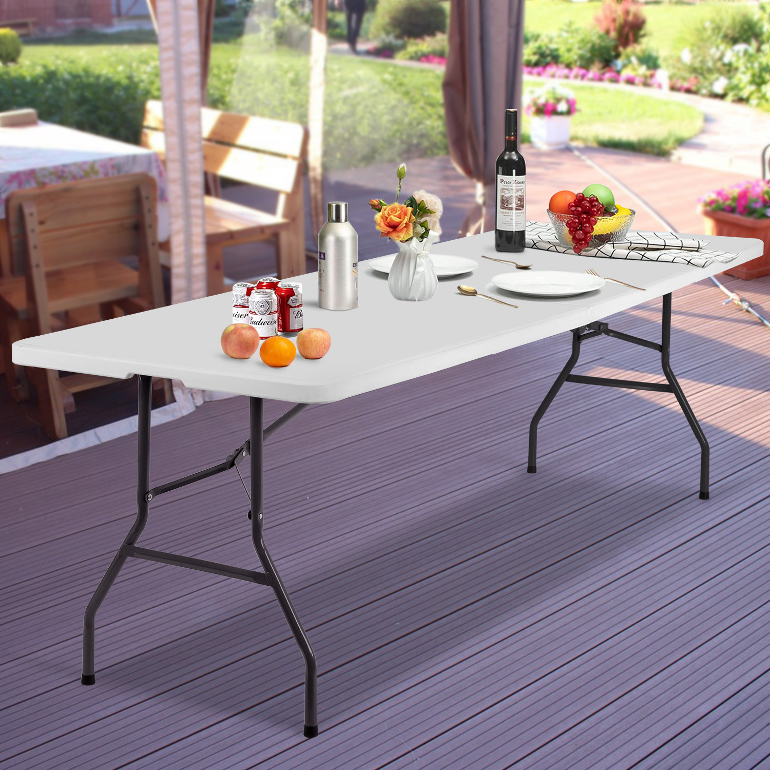 FDW 94.50" Plastic Rectangular Fold-in-Half Portable Folding Table ...