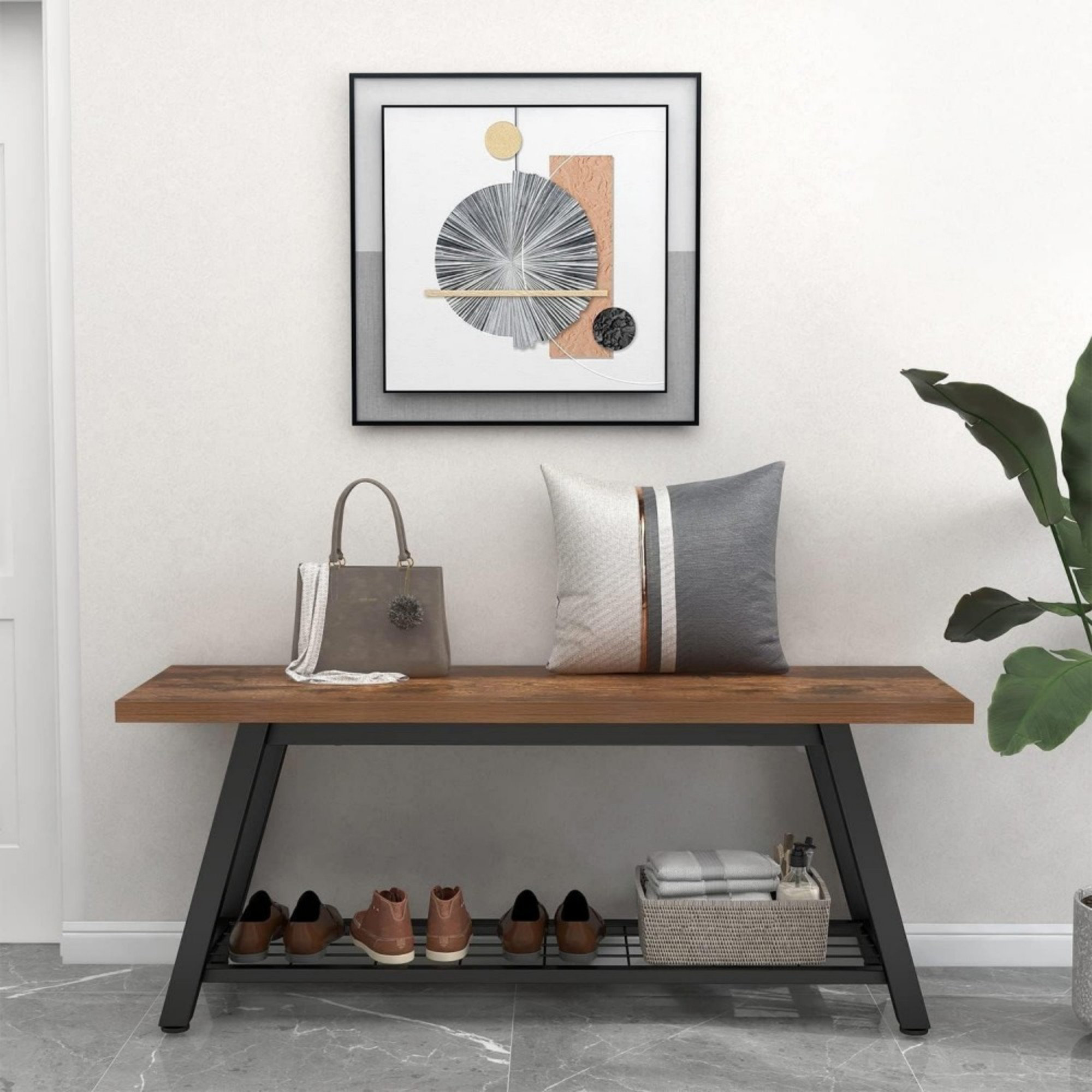 17 Stories Storage Bench Industrial Rustic Wooden And Metal Entryway ...