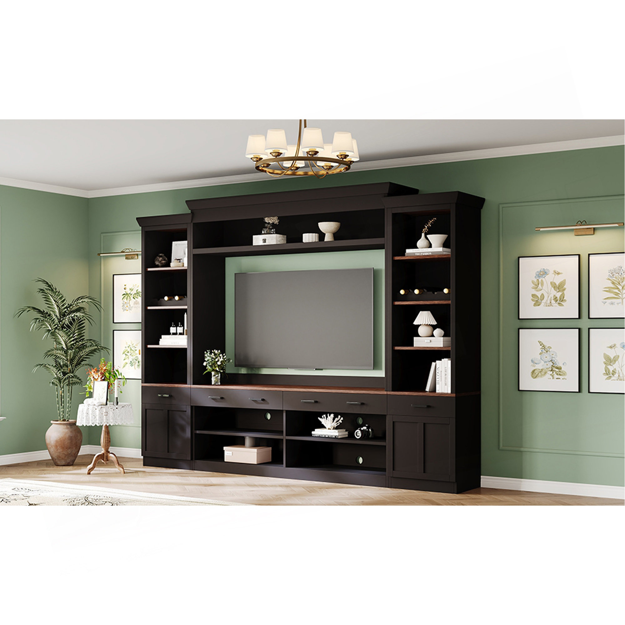 Mr Hua Farmhouse 4-Piece Entertainment Wall Unit Set With Bookshelf For ...
