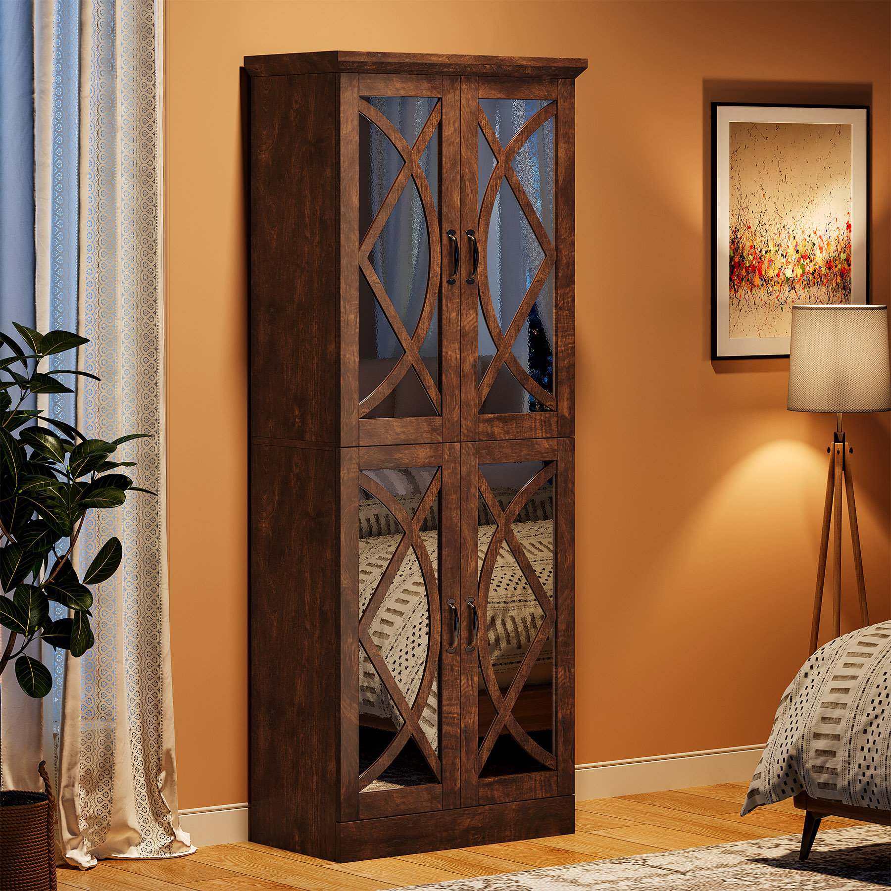 August Grove® 8 Tiers Kitchen Pantry Cabinet With 4 Mirrored Doors ...